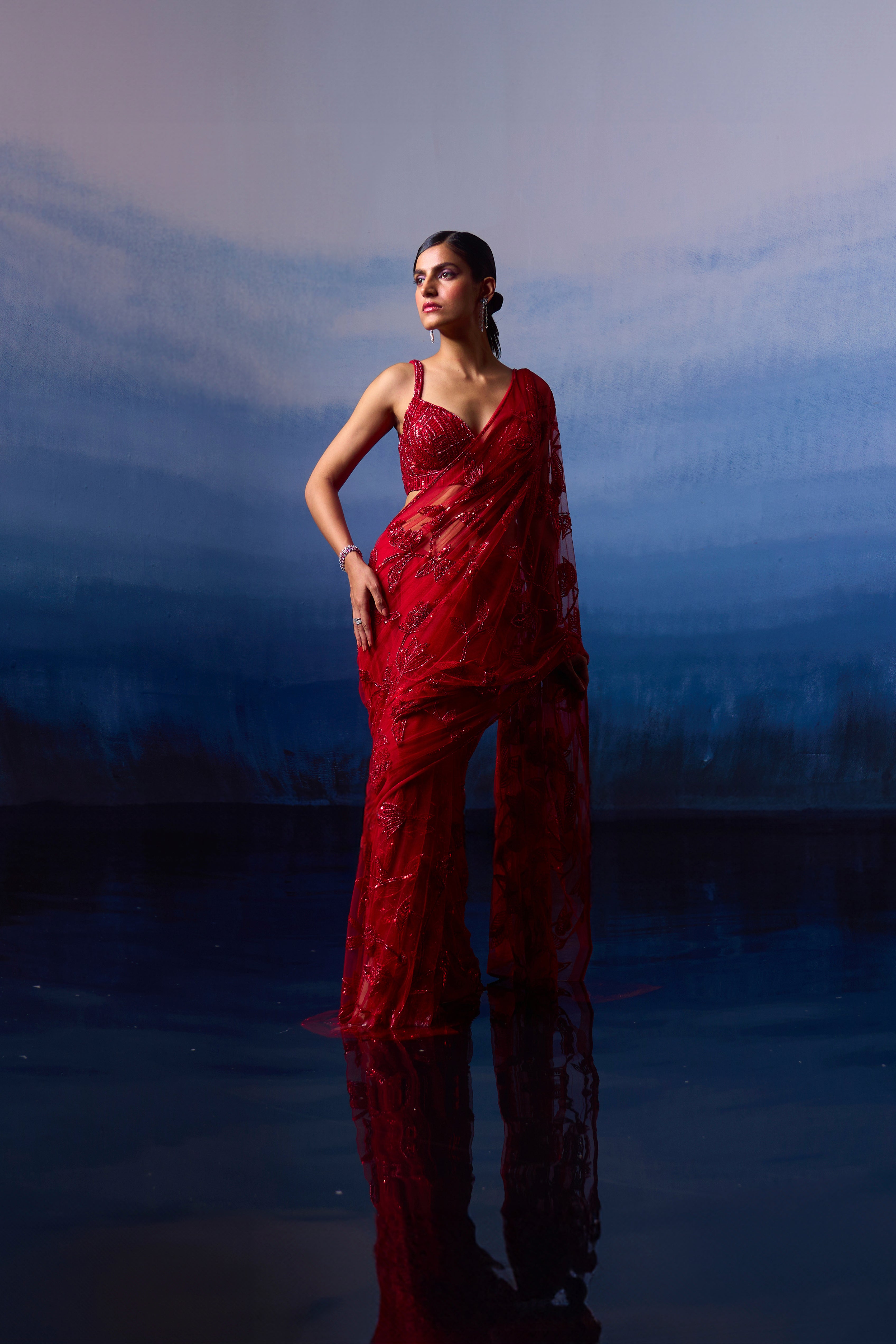Stunning Ruby Red Net Saree with Sequins, Crystals, and Bugle Beads – Karegar