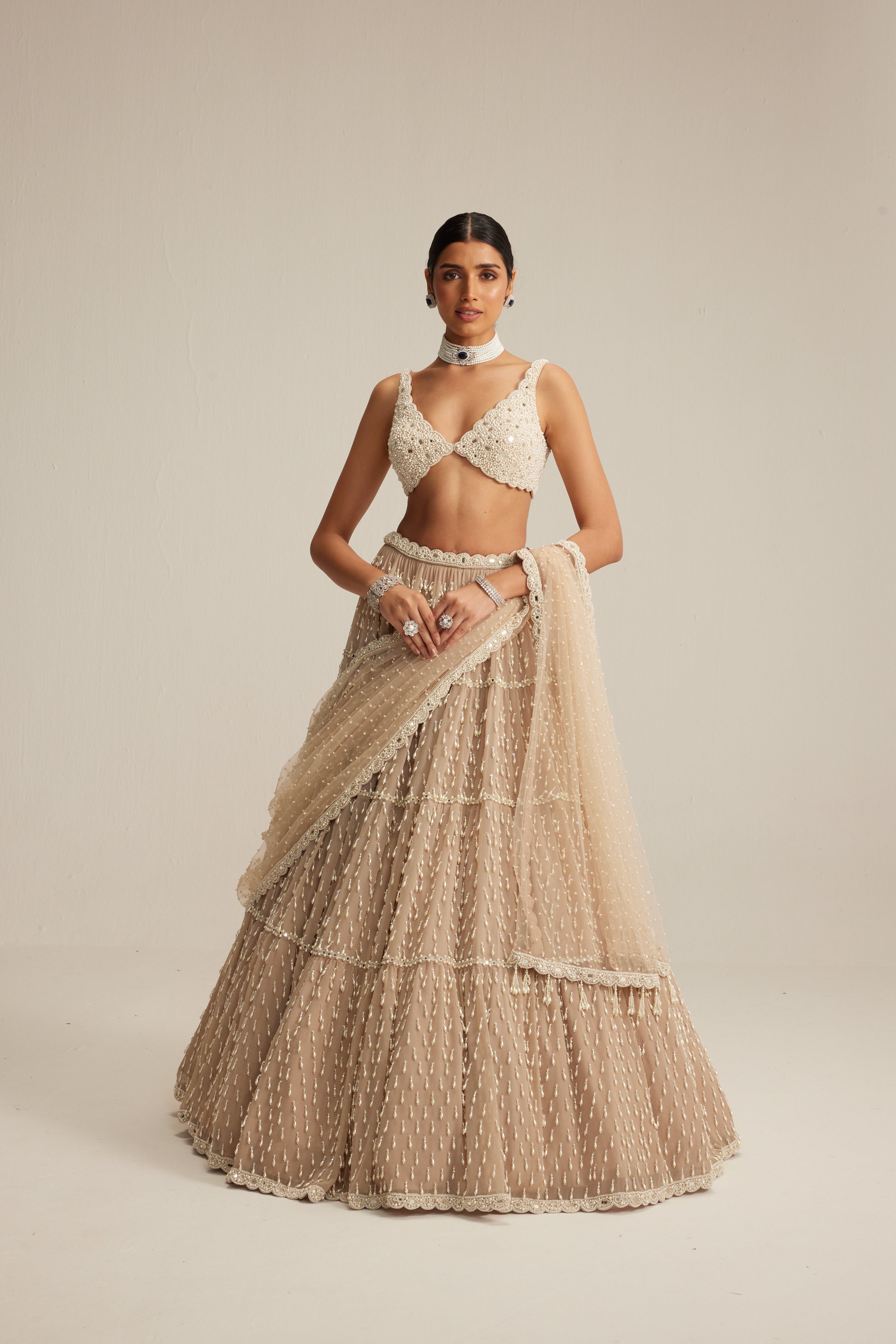Light Beige Pearl Drop Multi Tier Lehenga Set. – Karegar