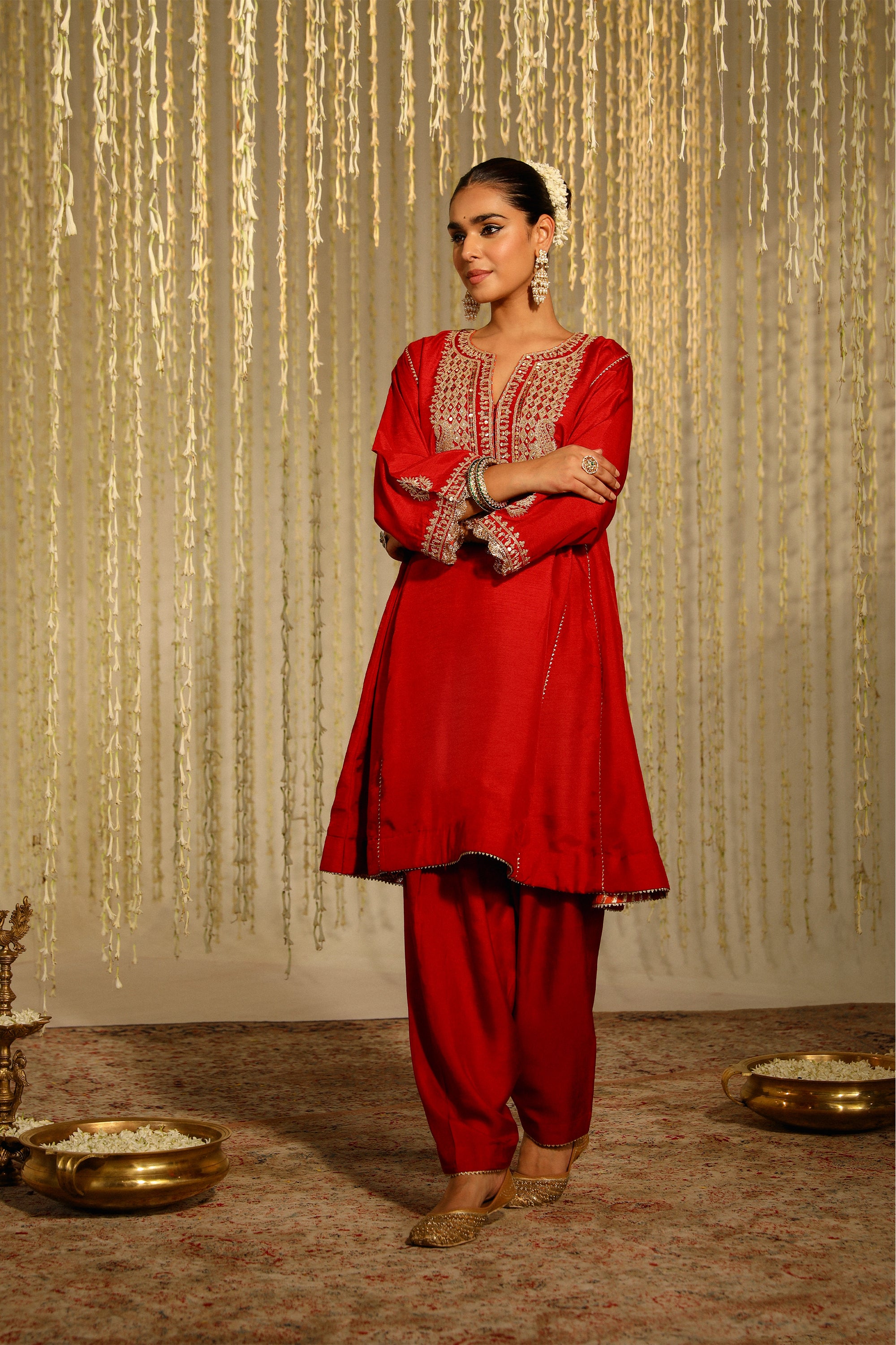 Handcrafted Kirandori Silk Ensemble - MEHREEN DEEP RED – Karegar