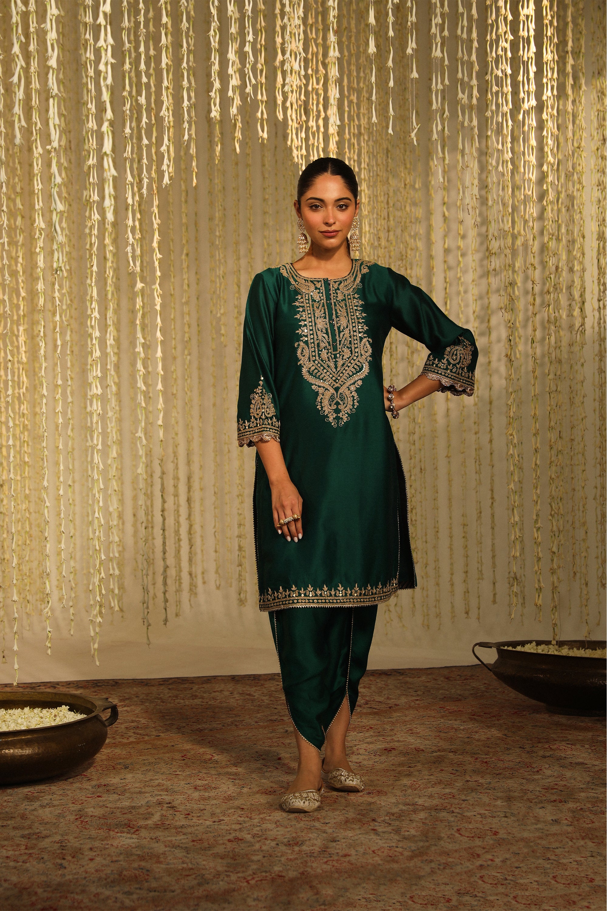 Amayra Emerald Green Silk Chanderi Kirandori Embroidered Kurta Set ...