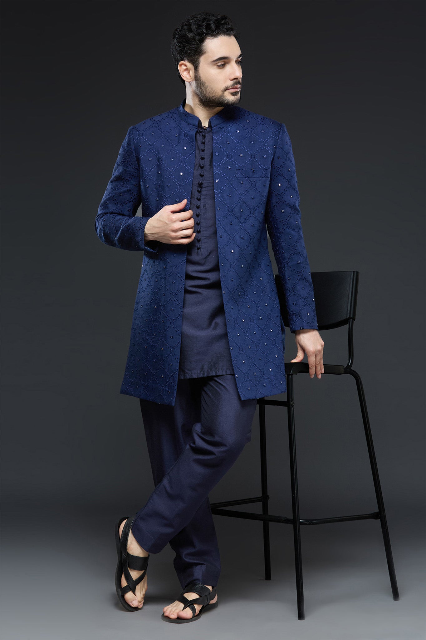 Navy Blue Sherwani Jacket Set - Art Mirror and Thread Work – Karegar