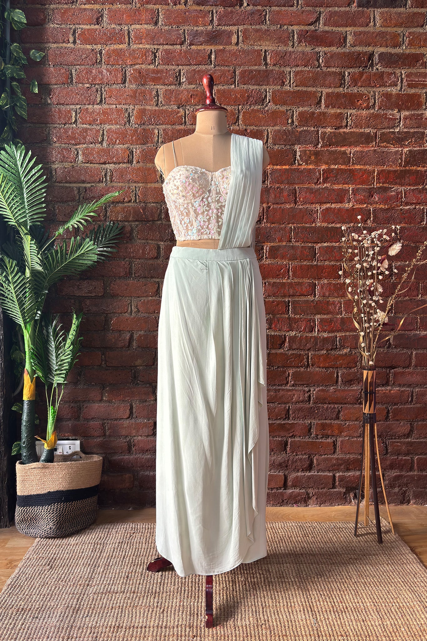 Ivory Sequin Work Corset with Mint Green Draped Saree - Elegant Ethnic ...