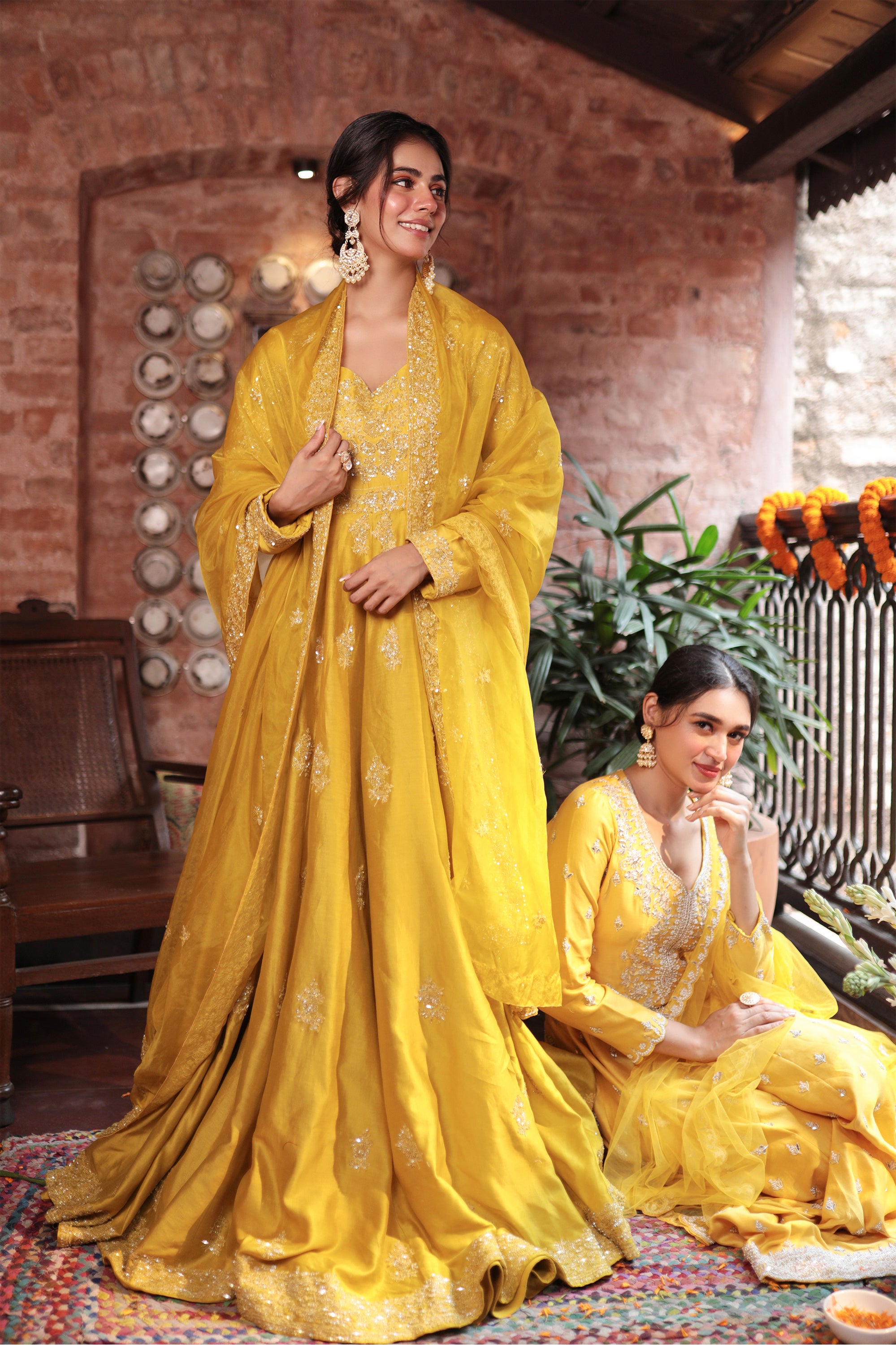 Mustard Embroidered Angrakha Gown - Tussar Silk – Karegar