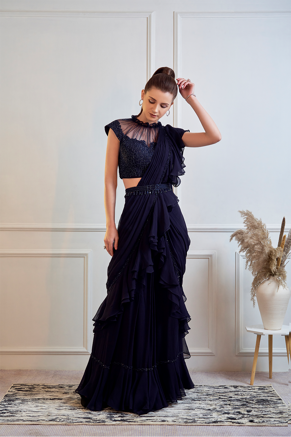 Midnight Blue Ruffle Saree - Georgette Saree with Sequence & Swaroski ...