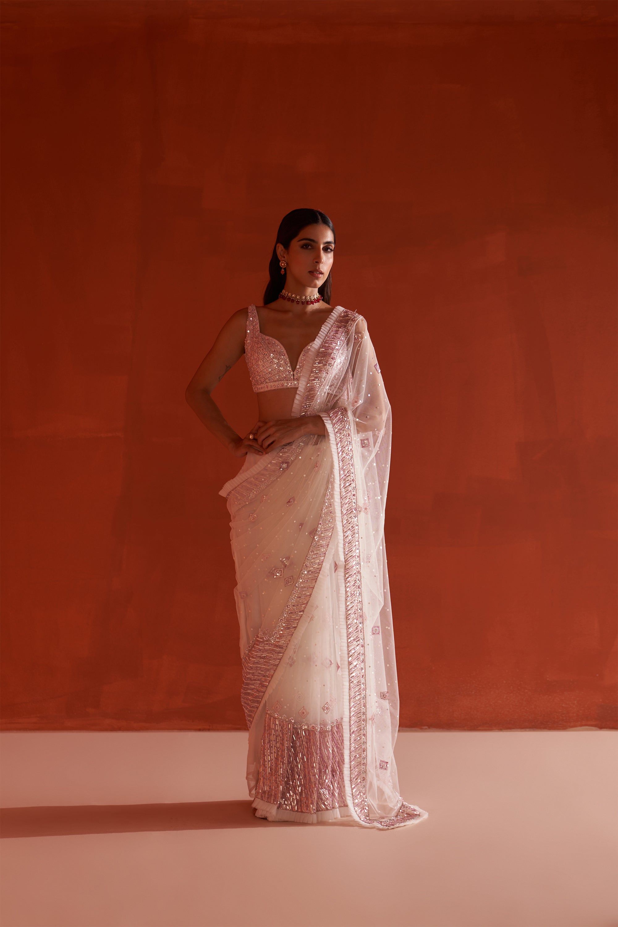 Stunning Ivory Net Saree With Pink and Ice Blue Embroidery – Karegar
