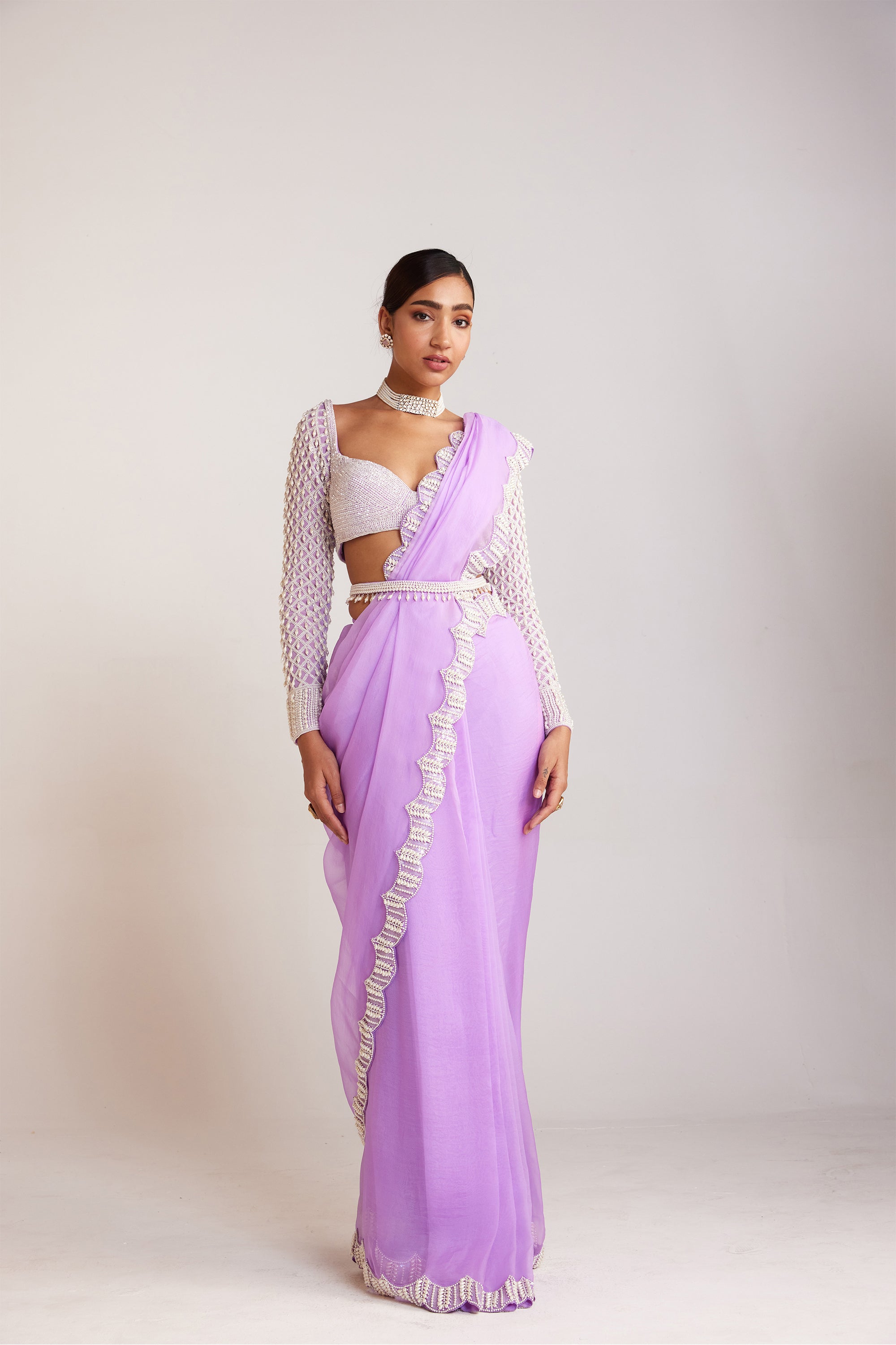 Elegant Lilac Saree Set with Pearl Details – Karegar