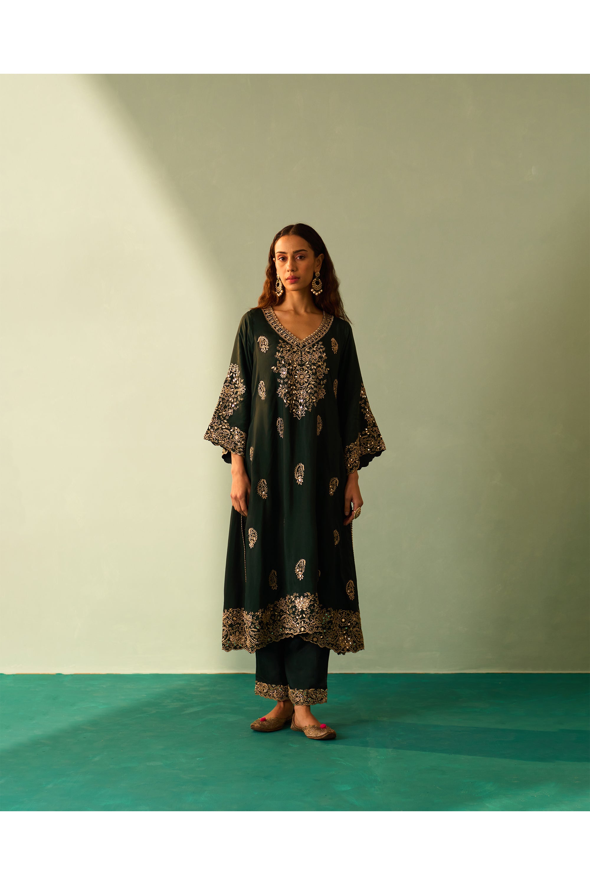 Green Silk Choga Set with Gold Kasab Embroidery | Shop Now – Karegar