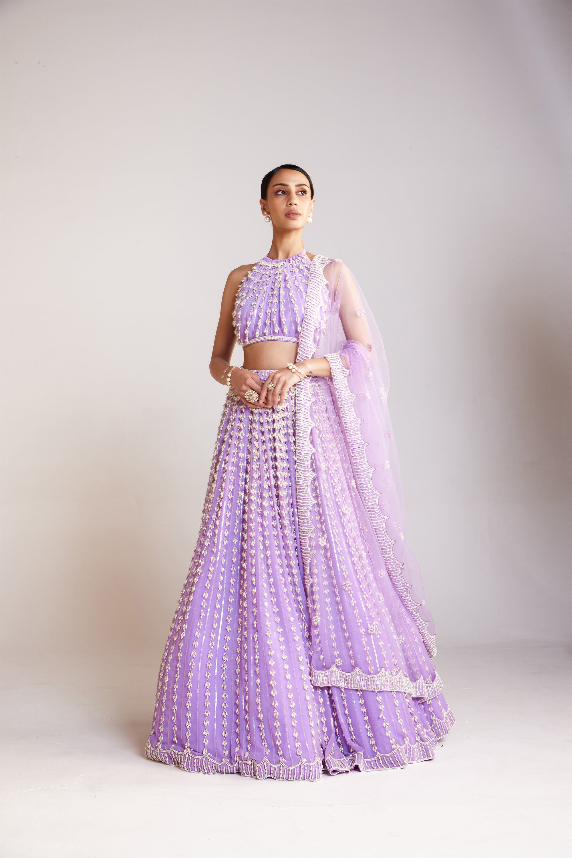 Lilac Chandelier Pearl Halter Neck Lehenga Set | Unique Bridal Outfit ...