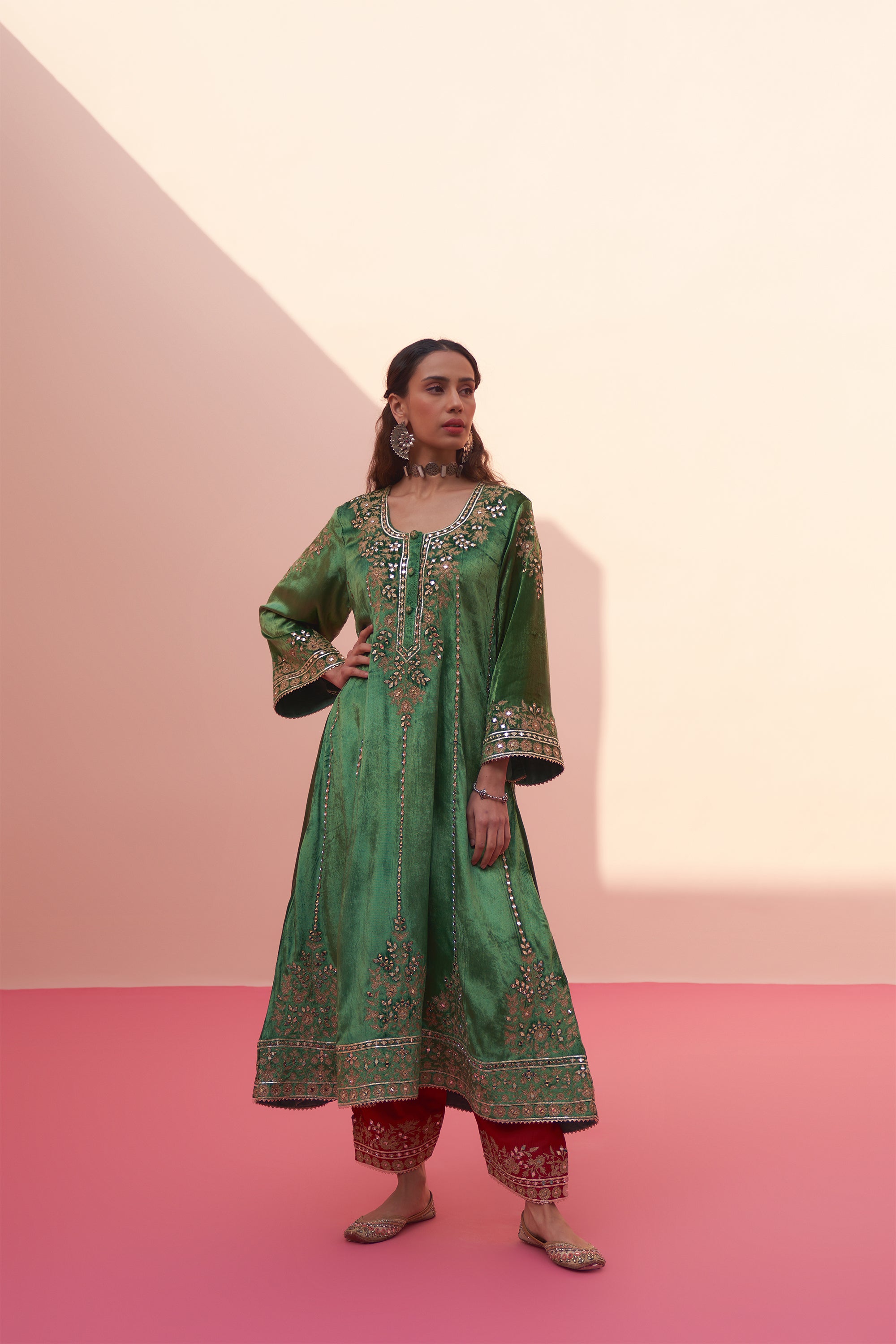 Green Velvet Choga Set with Red Salwar | Rose Gold Embroidery – Karegar