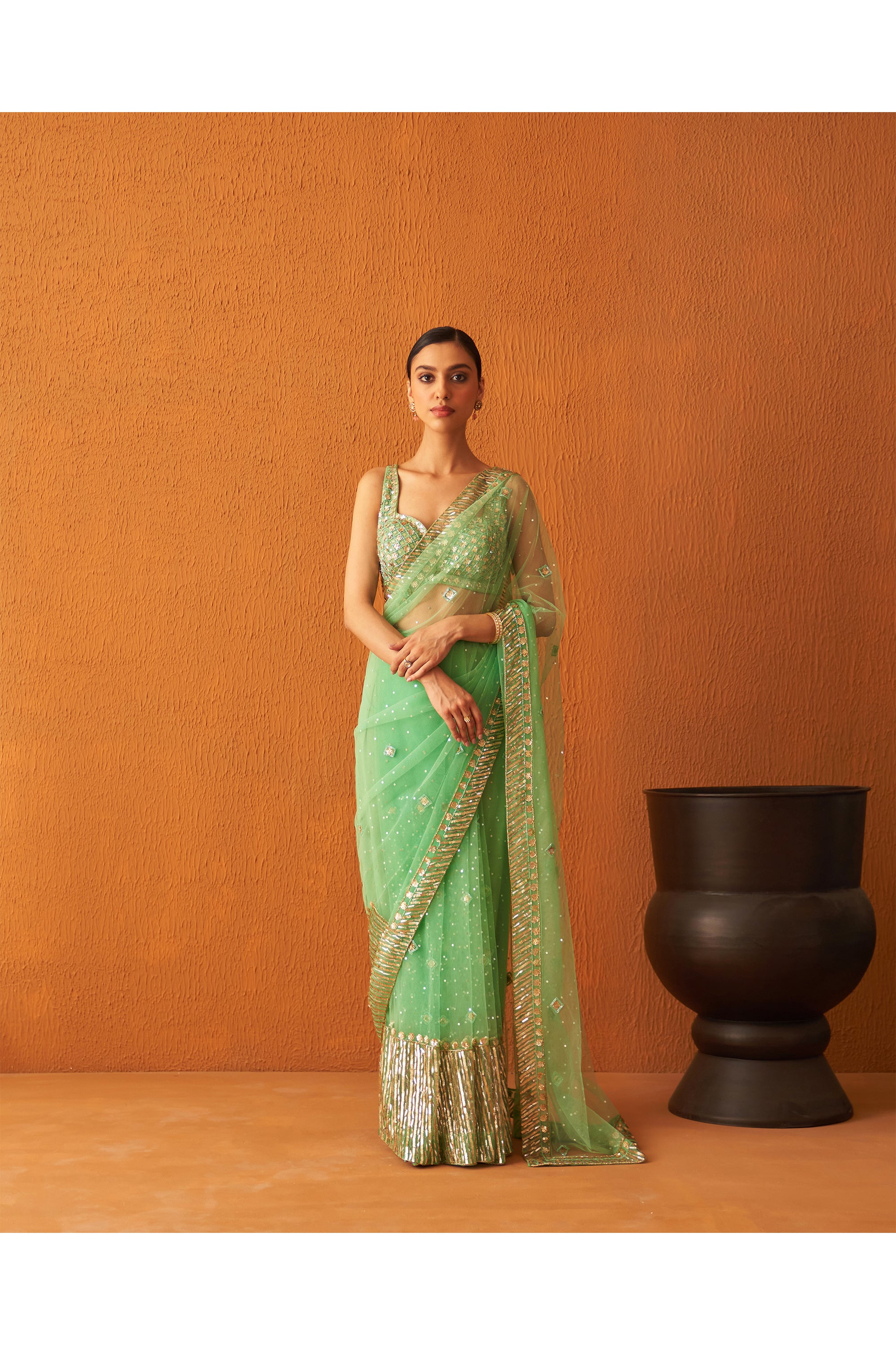 Sea Green Net Saree with Gold Bugle Beads and Sequins | Elegant Indian ...
