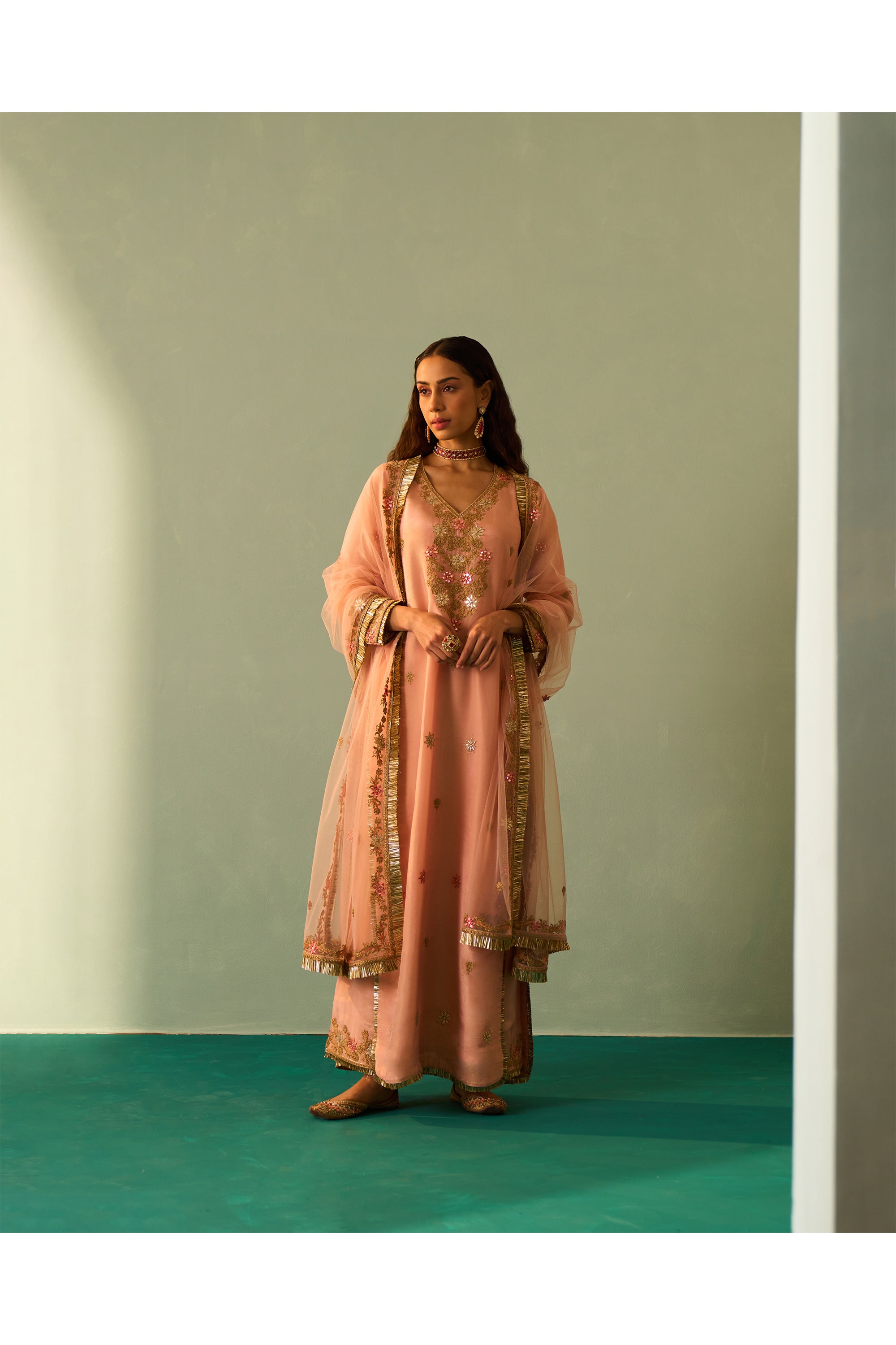 Peach Tissue Choga Set with Kasab Embroidery | Palazzo Pants & Dupatta ...