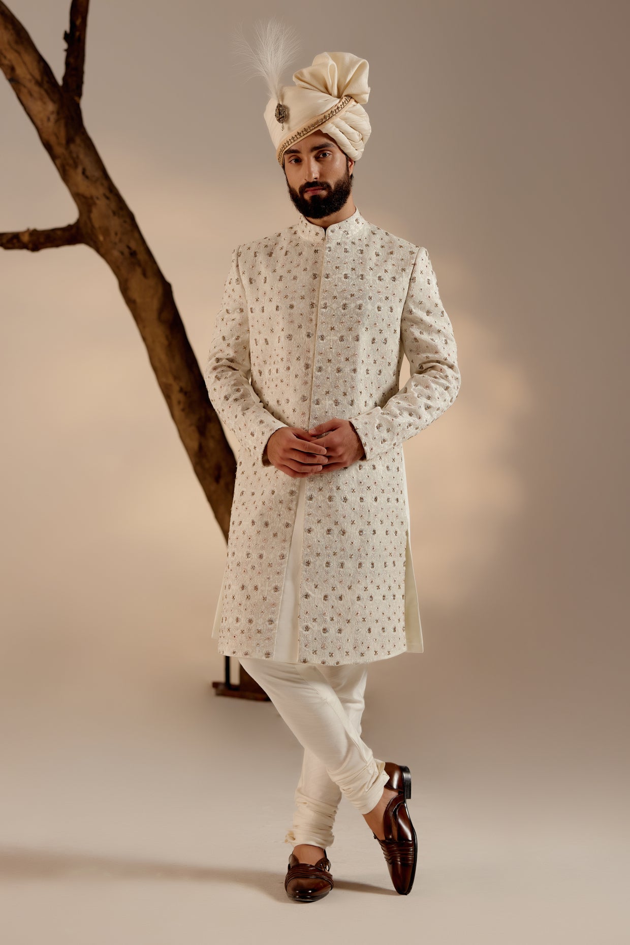 Handcrafted Albino White Sherwani with Kashmiri Jamawar Embroidery ...