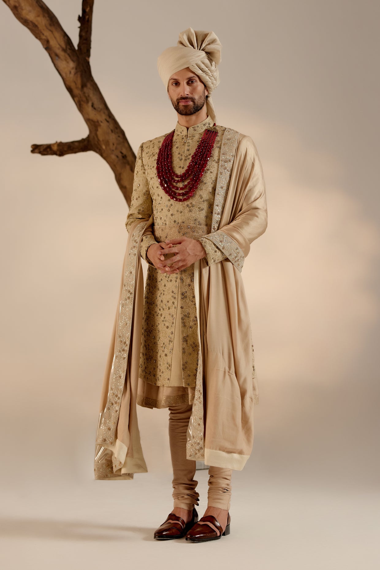 Hand-Embroidered Sandune Sherwani Set | Golden Zari Threads – Karegar