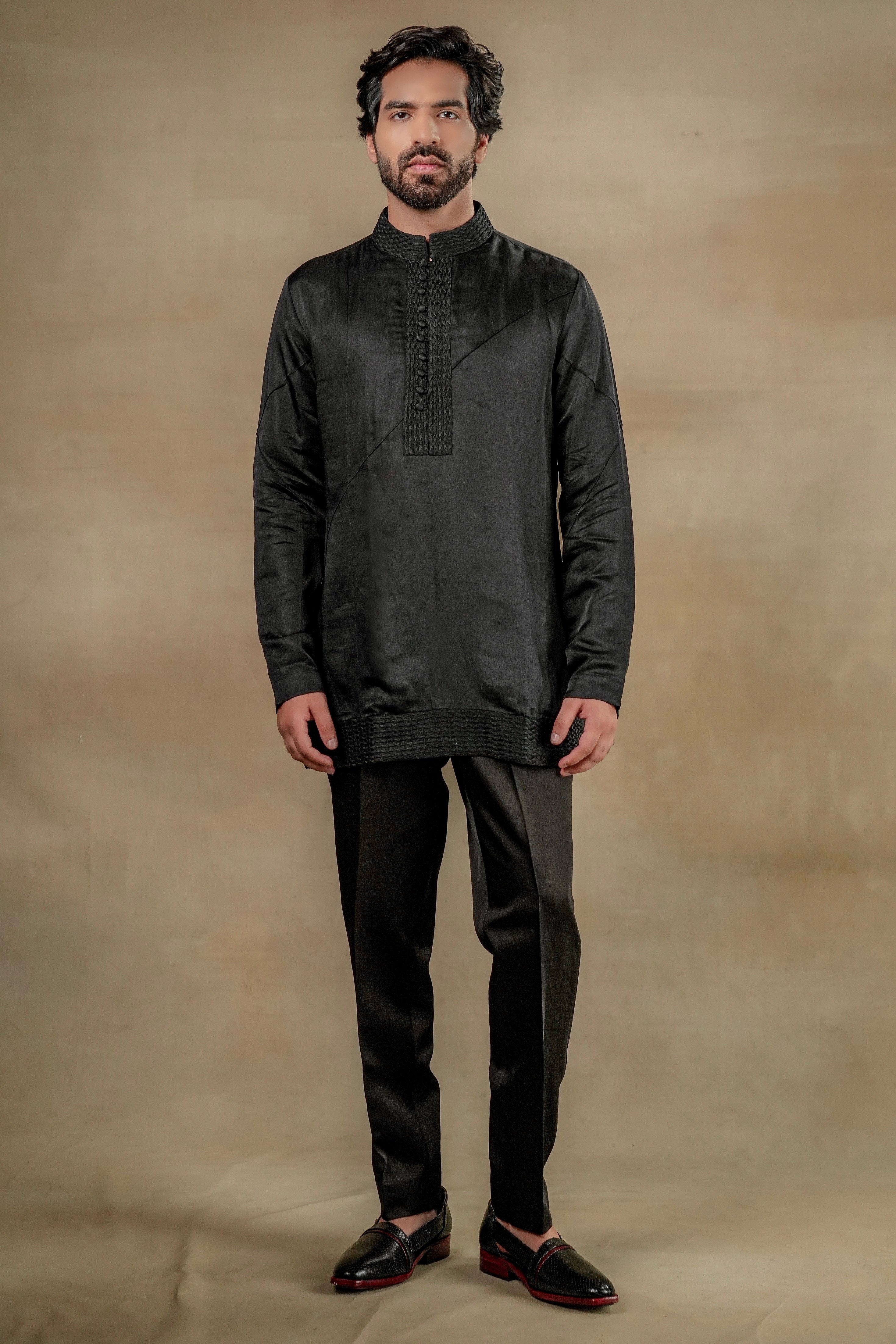 Black & Gold Short Jacket Set with Zari Work and Shawl Collar – Karegar