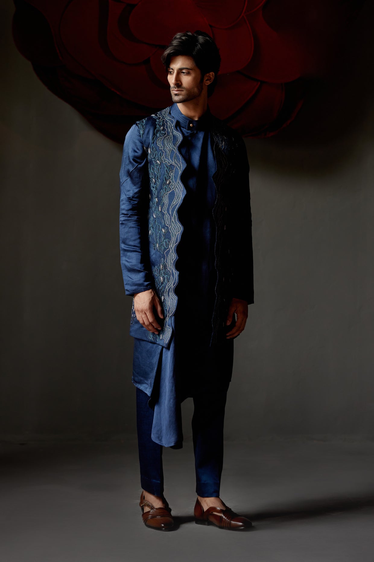 Hand Embroidered Dusky Blue Shrug Set | Space Blue Statement Outfit ...