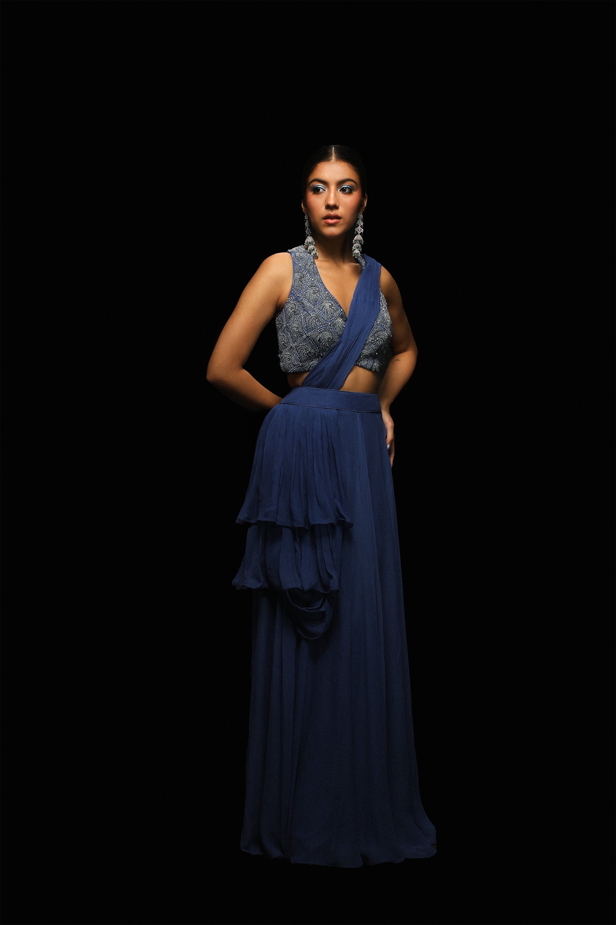 Hand Embroidered Nocturne Saree for Celestial Elegance – Karegar