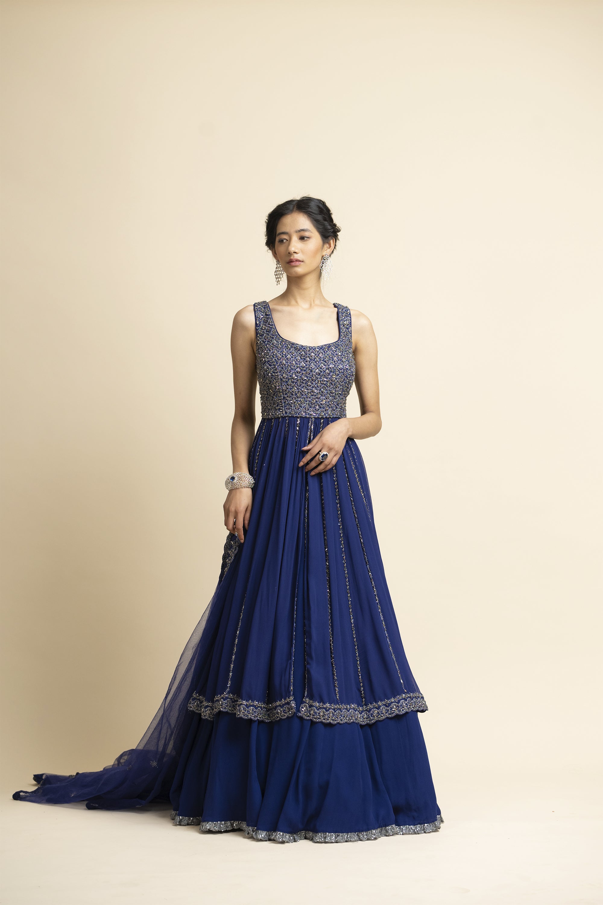Midnight Blue Georgette Kalidar Jacket Lehenga Set for Stylish Women ...