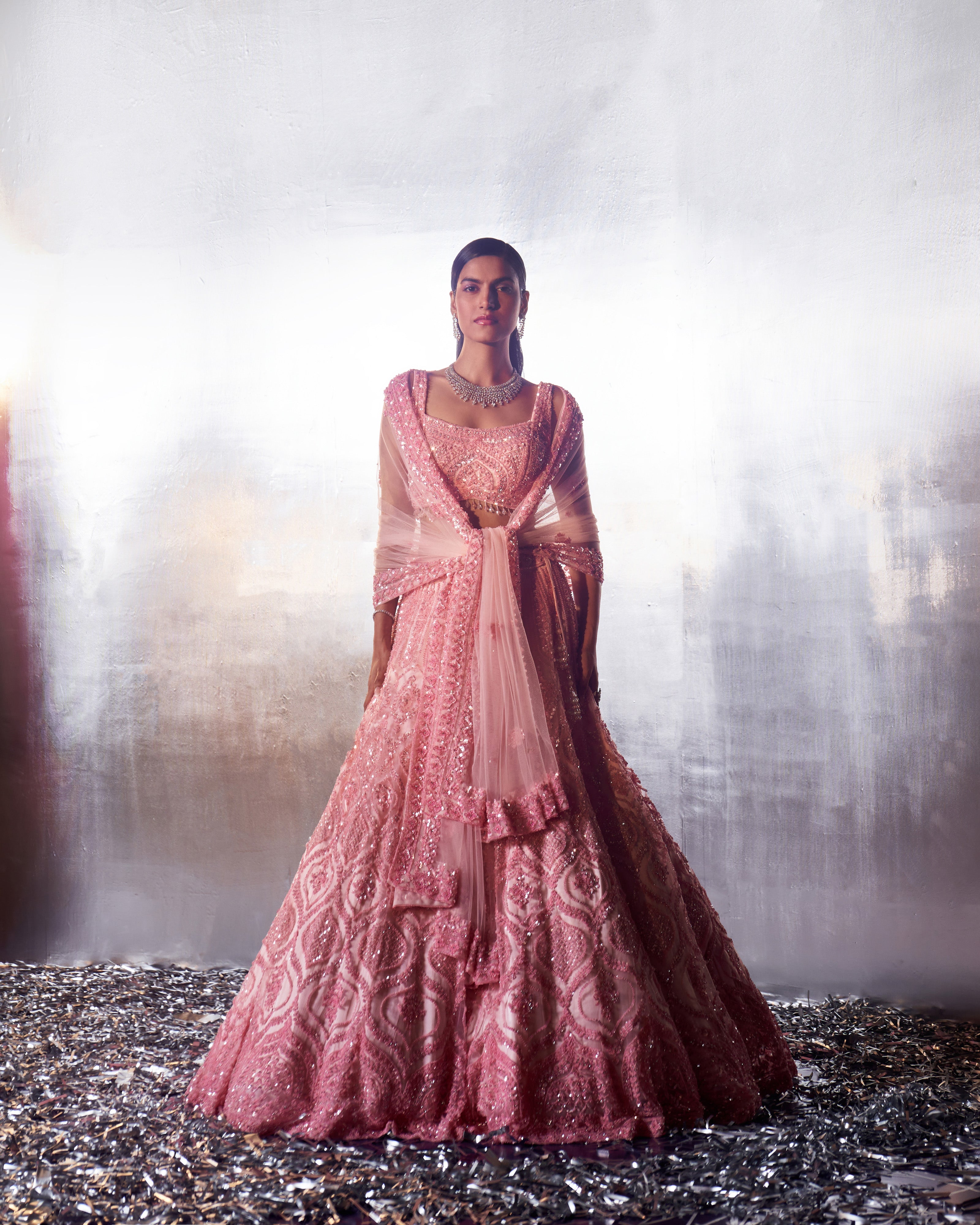 Elegant Blush Pink Net Lehenga Set – Karegar