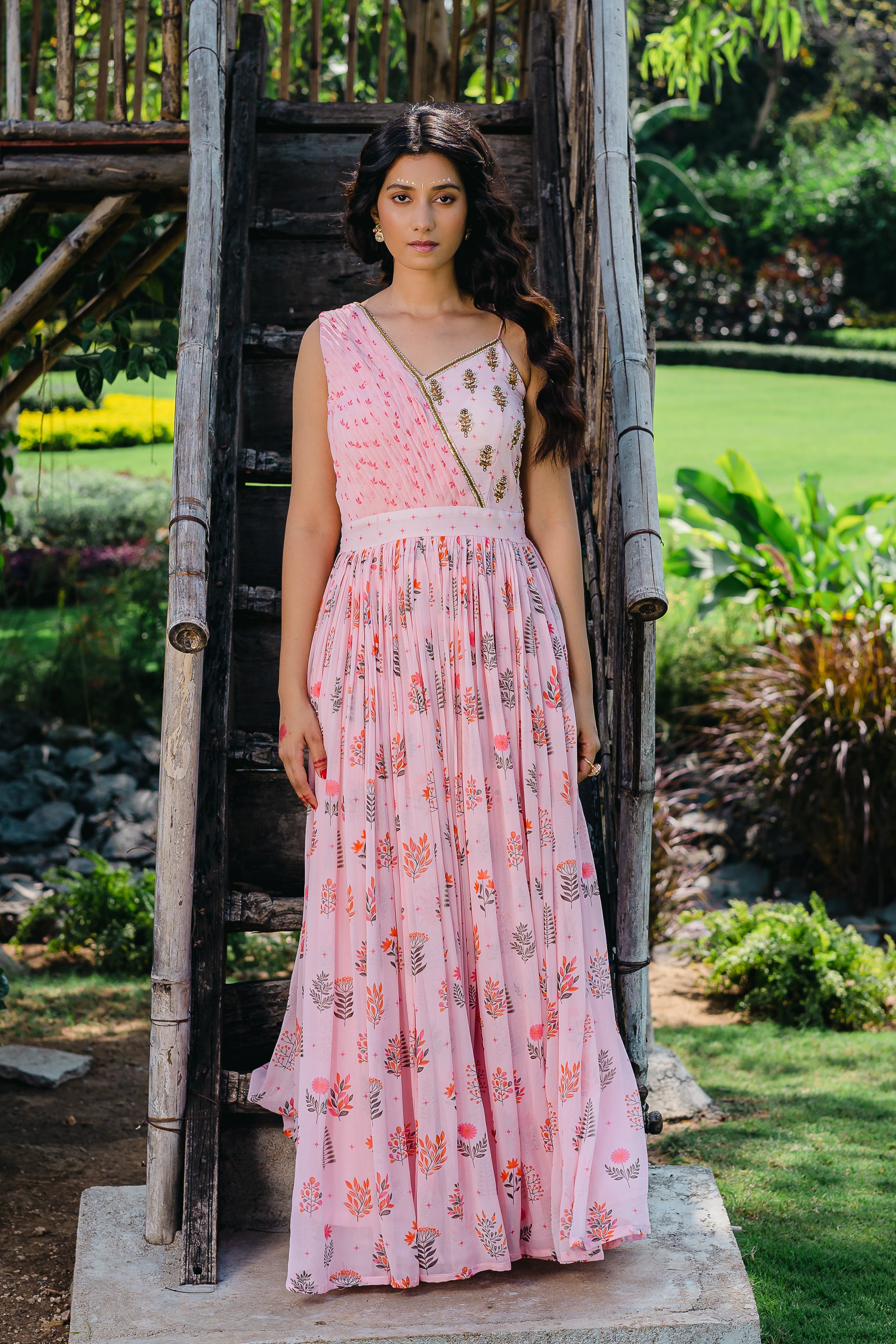 Blush Pink Floral Printed Embroidered Gown – Karegar