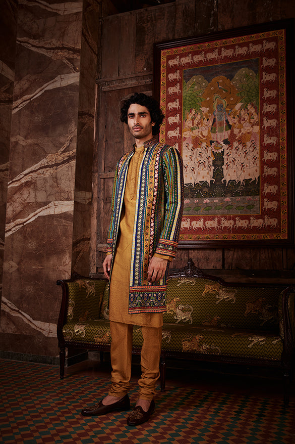 Olive-Mustard Chanderi ASLAN BANDI SET | Silk Thread Embroidered – Karegar