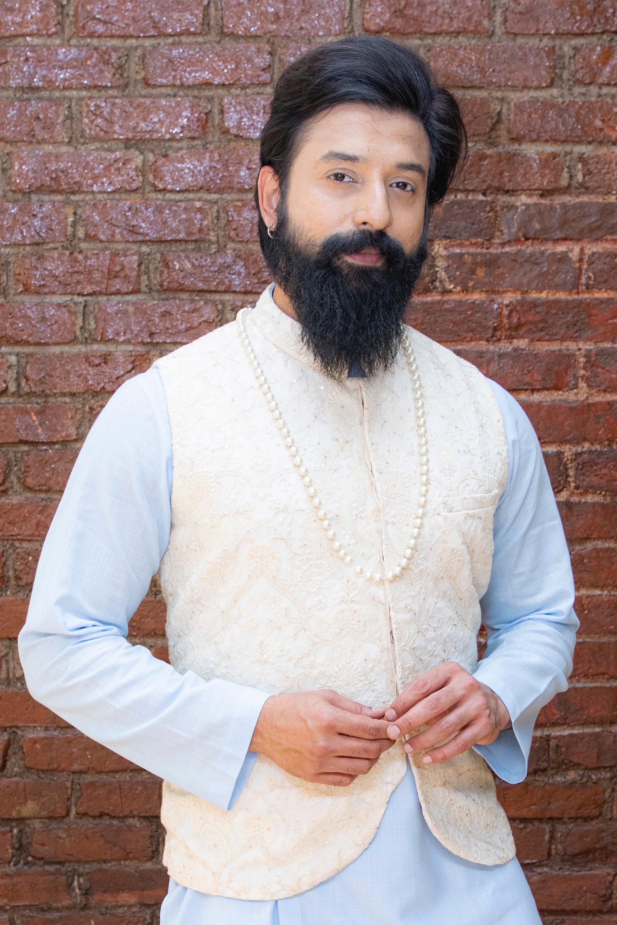 Stylish Sky Blue Kurta and Pant set with Yellow Vest – Karegar