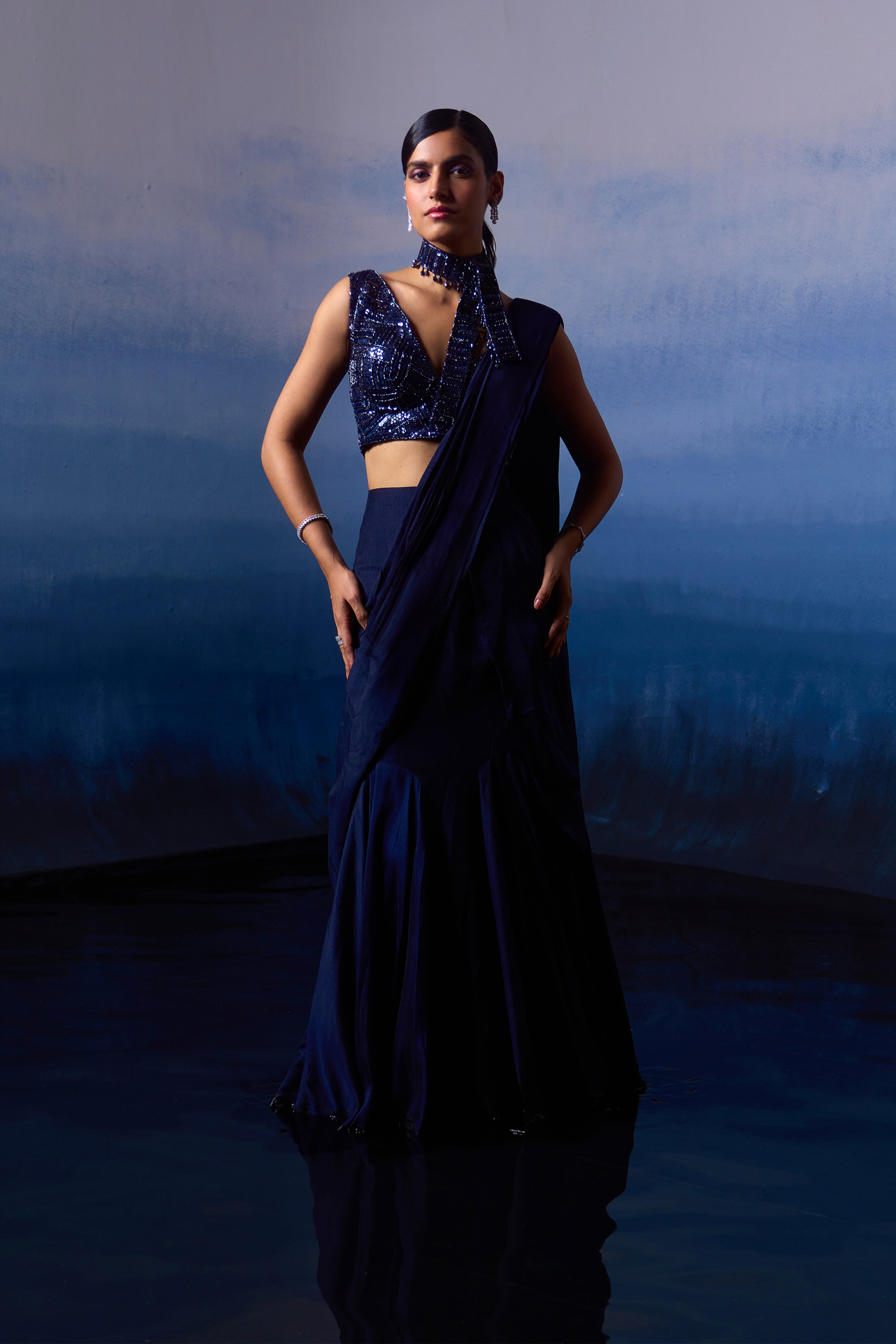 Midnight Blue Silk Drape Saree with Intricate Embroidery – Karegar