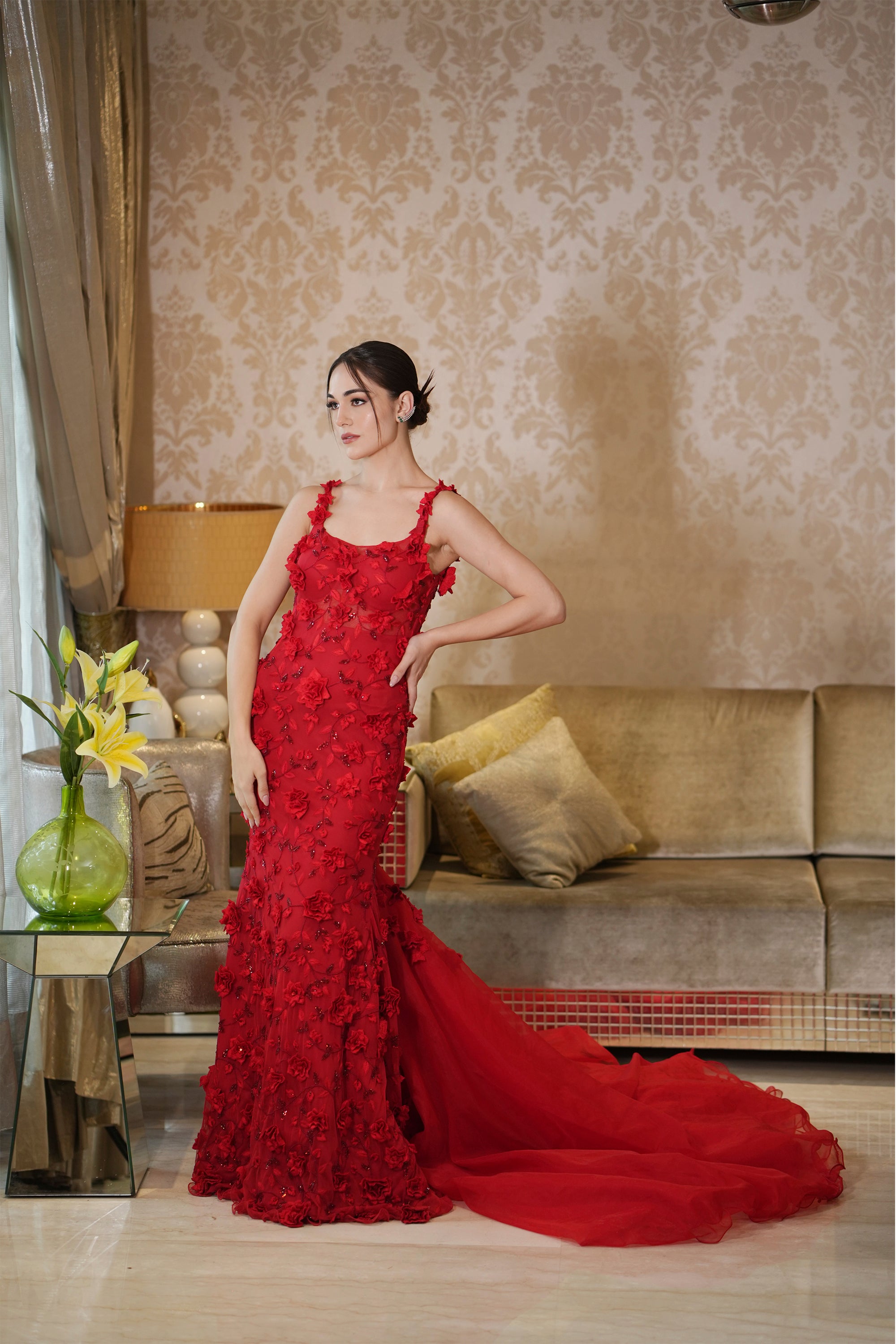 #MeRa Red Thread 3D Flower Embroidered Gown | MG37 – Karegar