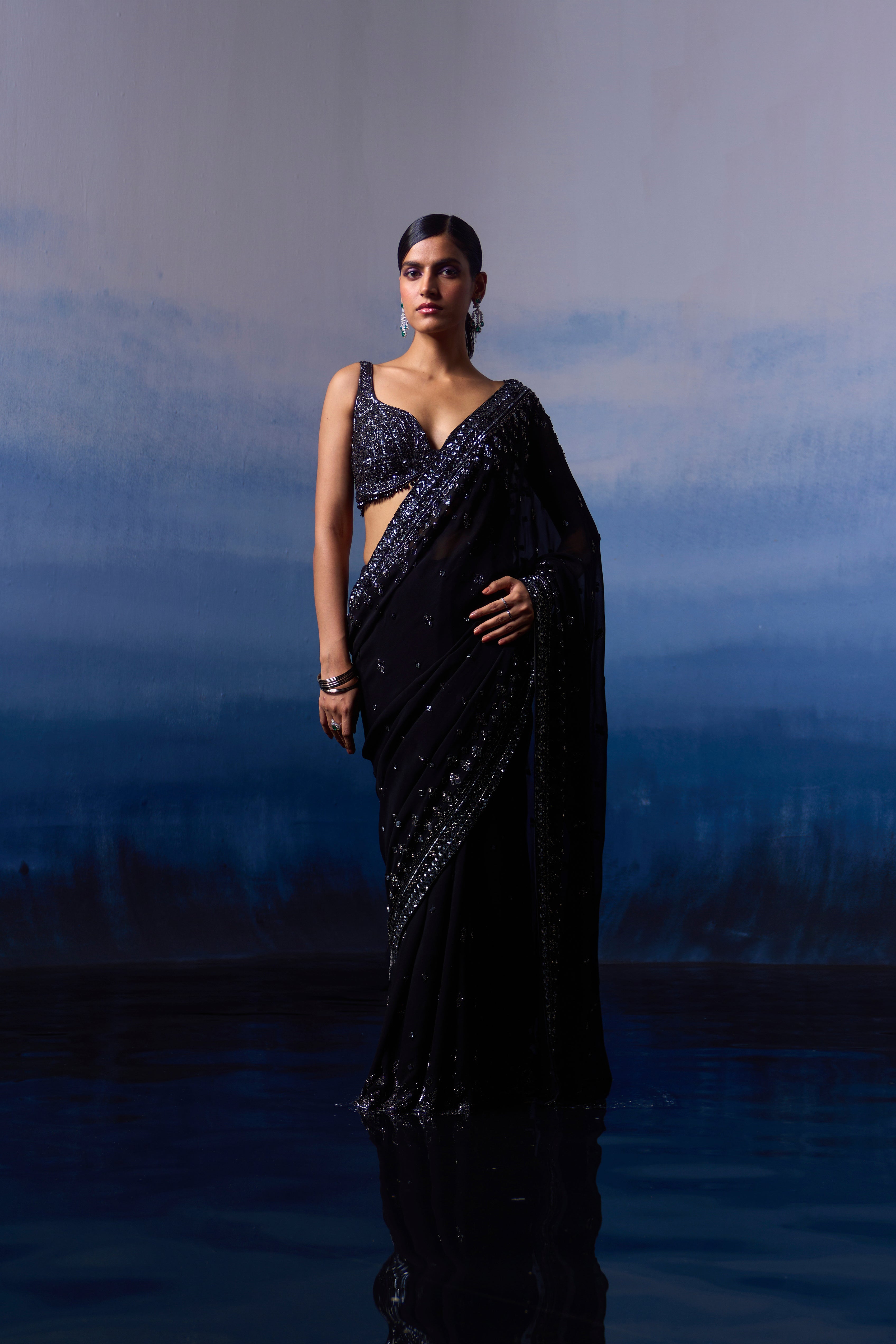 Midnight Blue Satin Embroidered Black Georgette Saree – Karegar