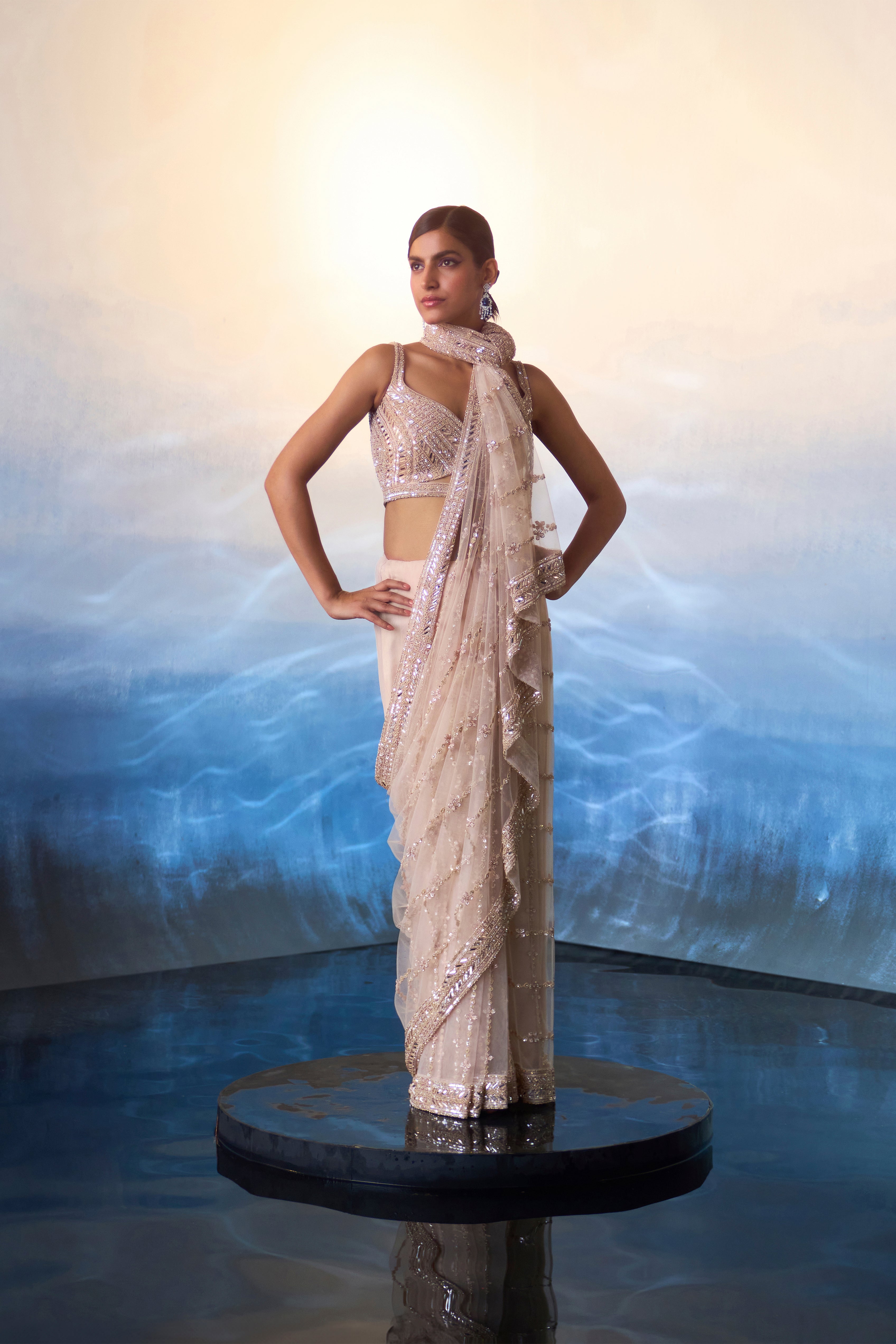 Stunning Rose Gold Net Saree with Sequin Embroidery | Elegant Party ...