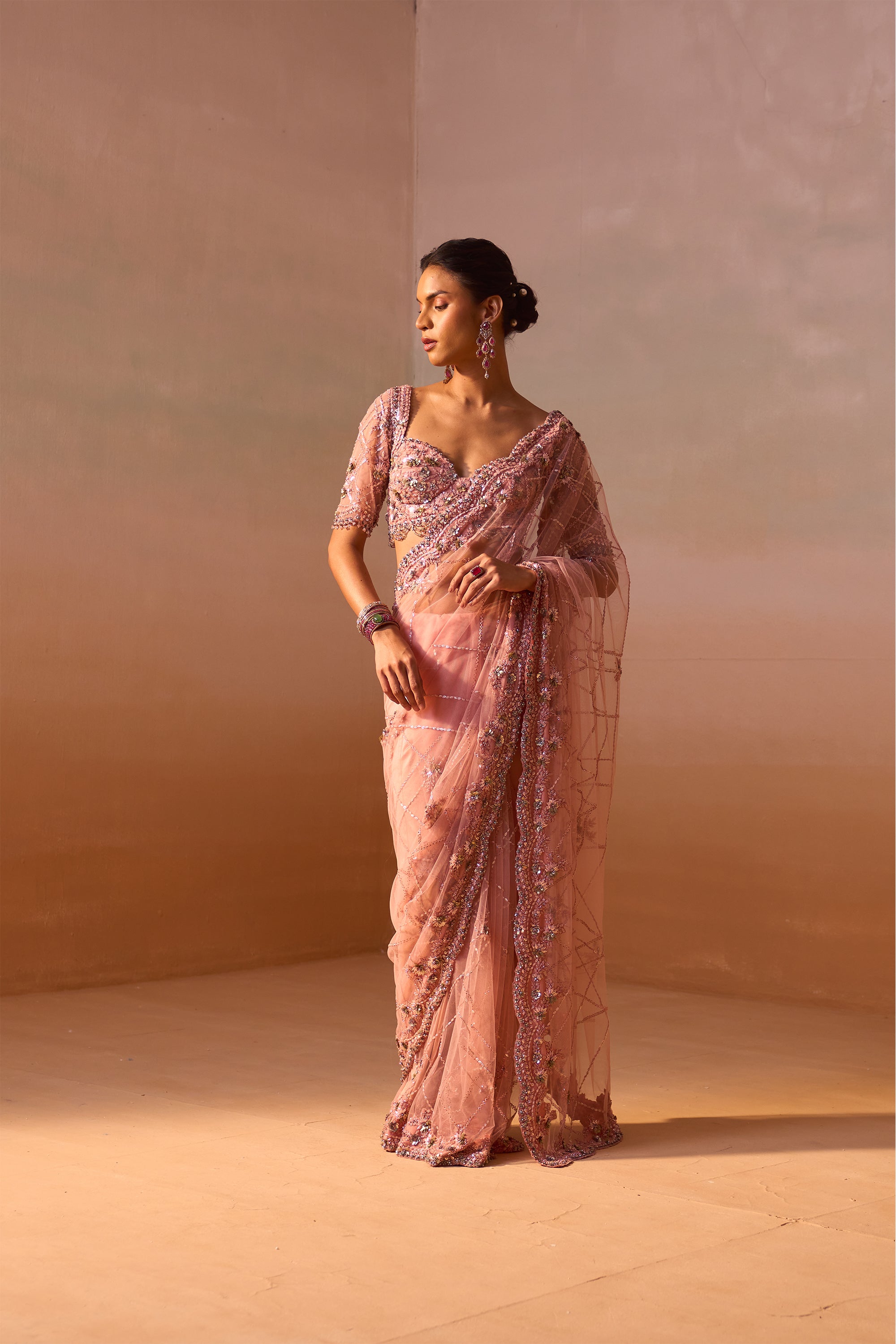 Stunning Rose Pink Net Saree with Metallic Rose Gold and Grey Sequins ...