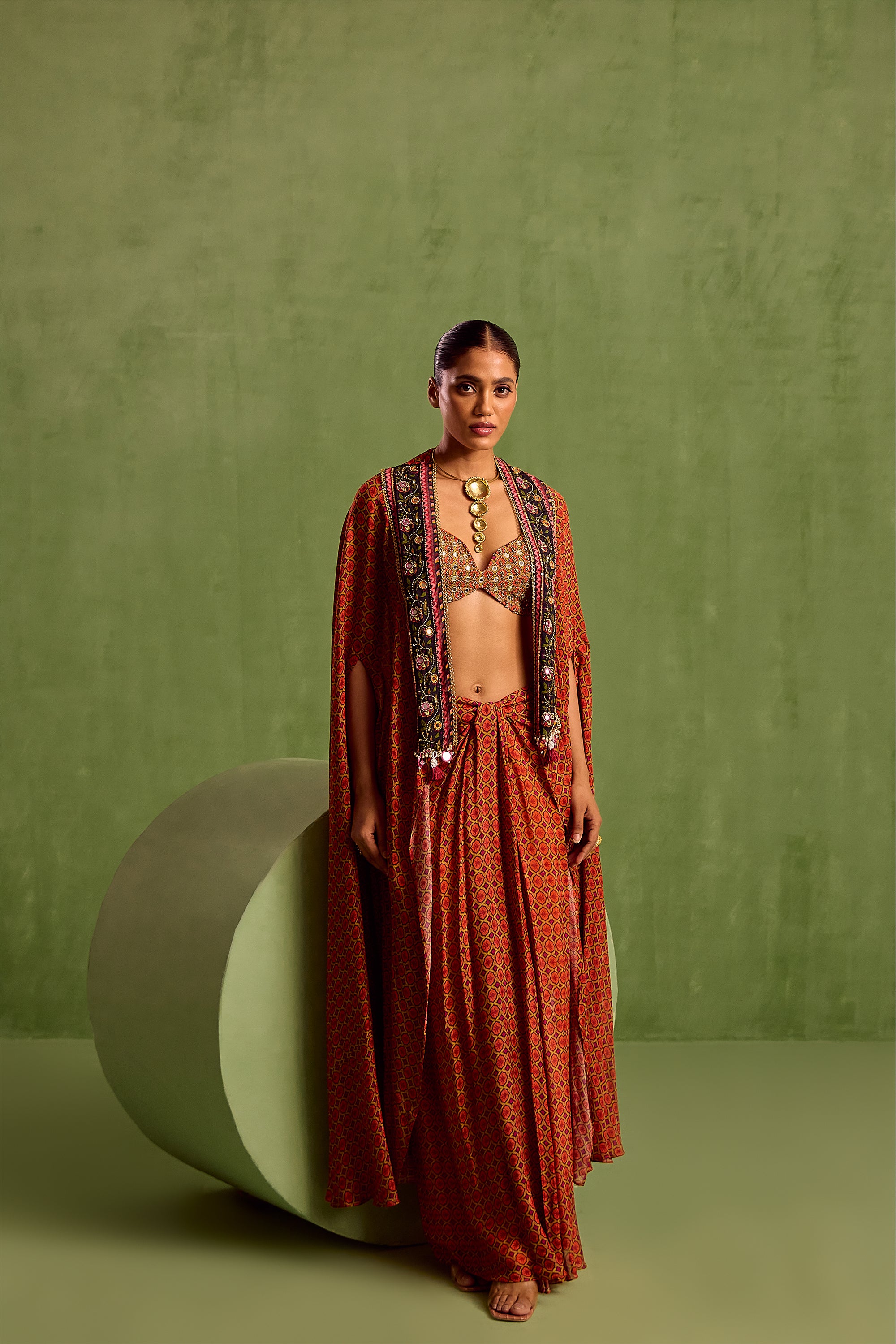Trendy Rust Printed Cape Set with Hand Embroidered Blouse – Karegar