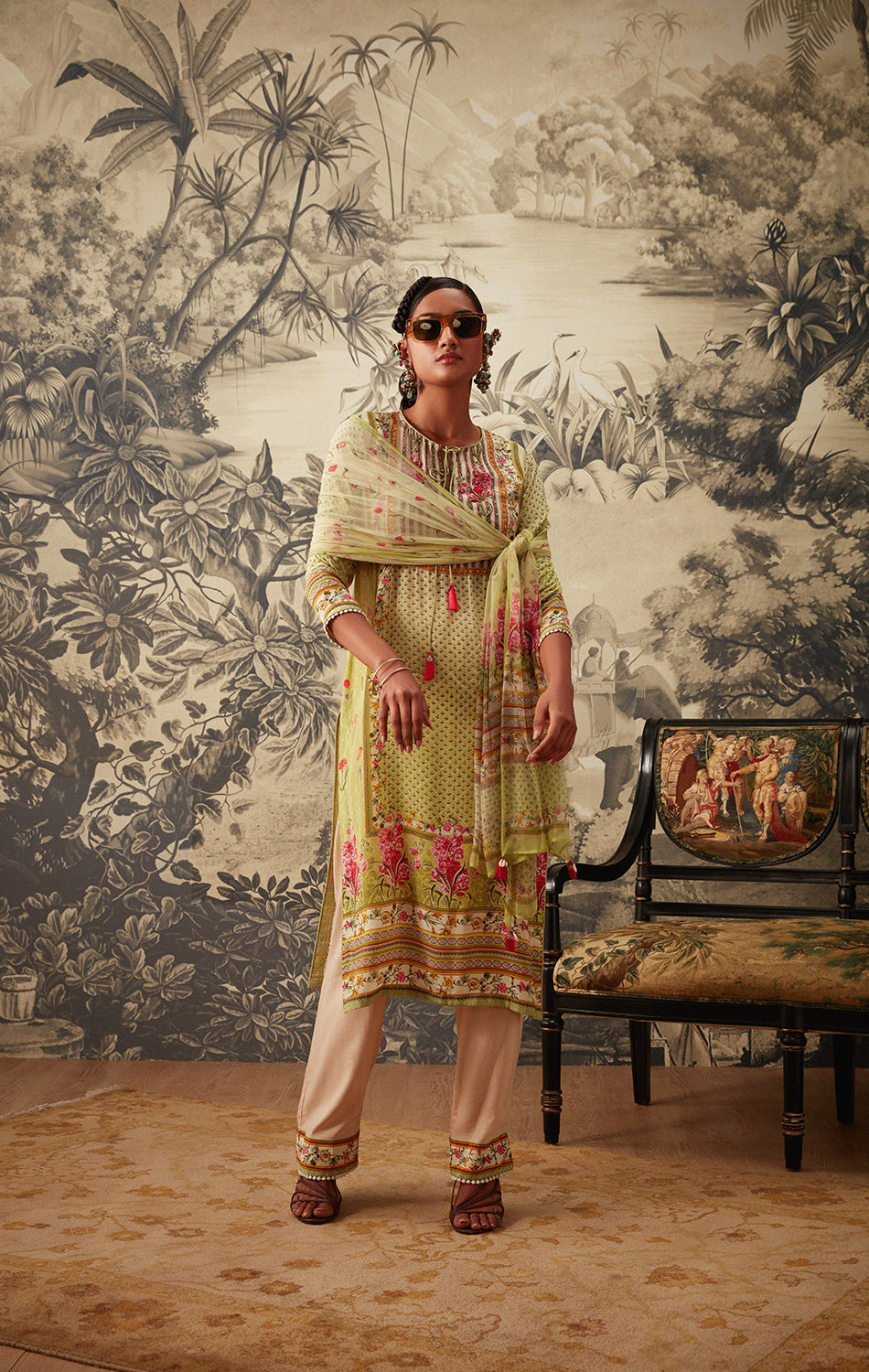 Lime Green/Beige Adah Suit Set with Katdana and Hand Embroidery – Karegar