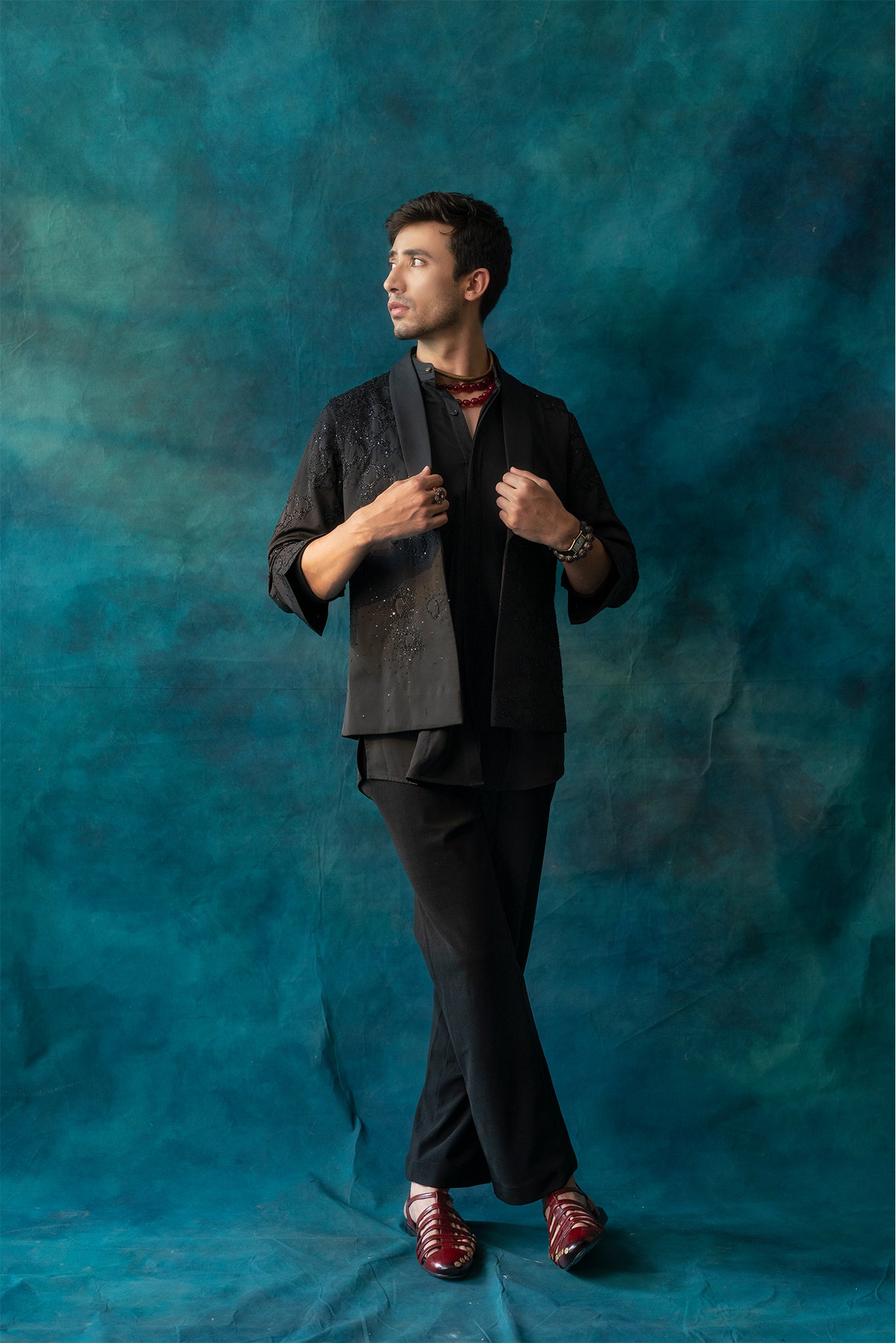 Hand-Embroidered Black Nehru Jacket Set | Sequins, Moti, Katdana ...