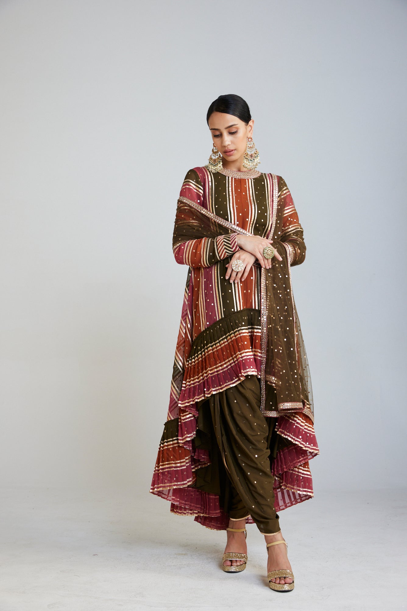 Hand Embroidered Olive Green Asymmetrical Kurta Set – Karegar