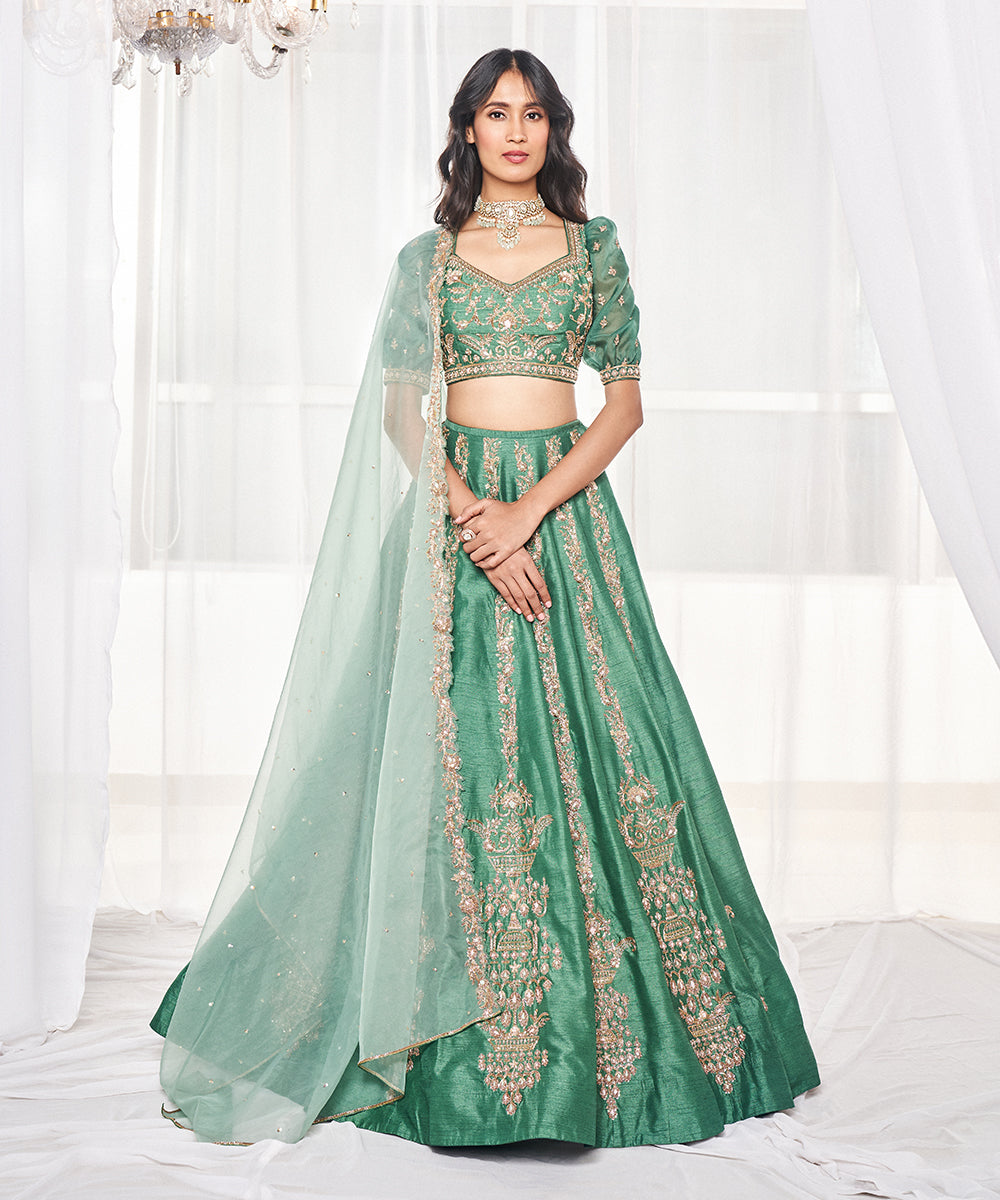 Teal Green Bridal Set | Dupion Silk Lehenga with Zardosi Embroidery ...