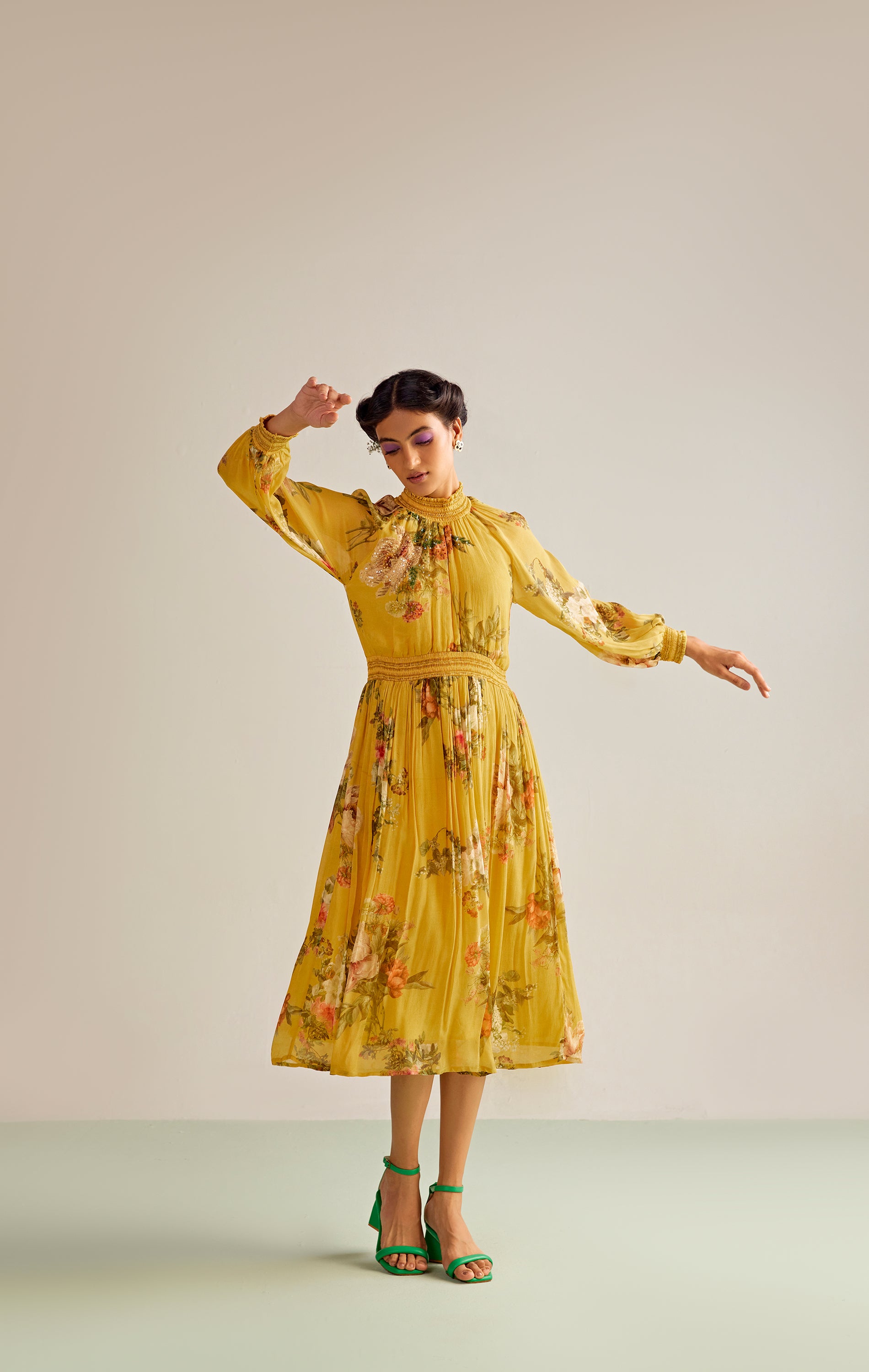 Yellow Gradient Sequin and Bead Embellished Summer Dress - 46" Length ...