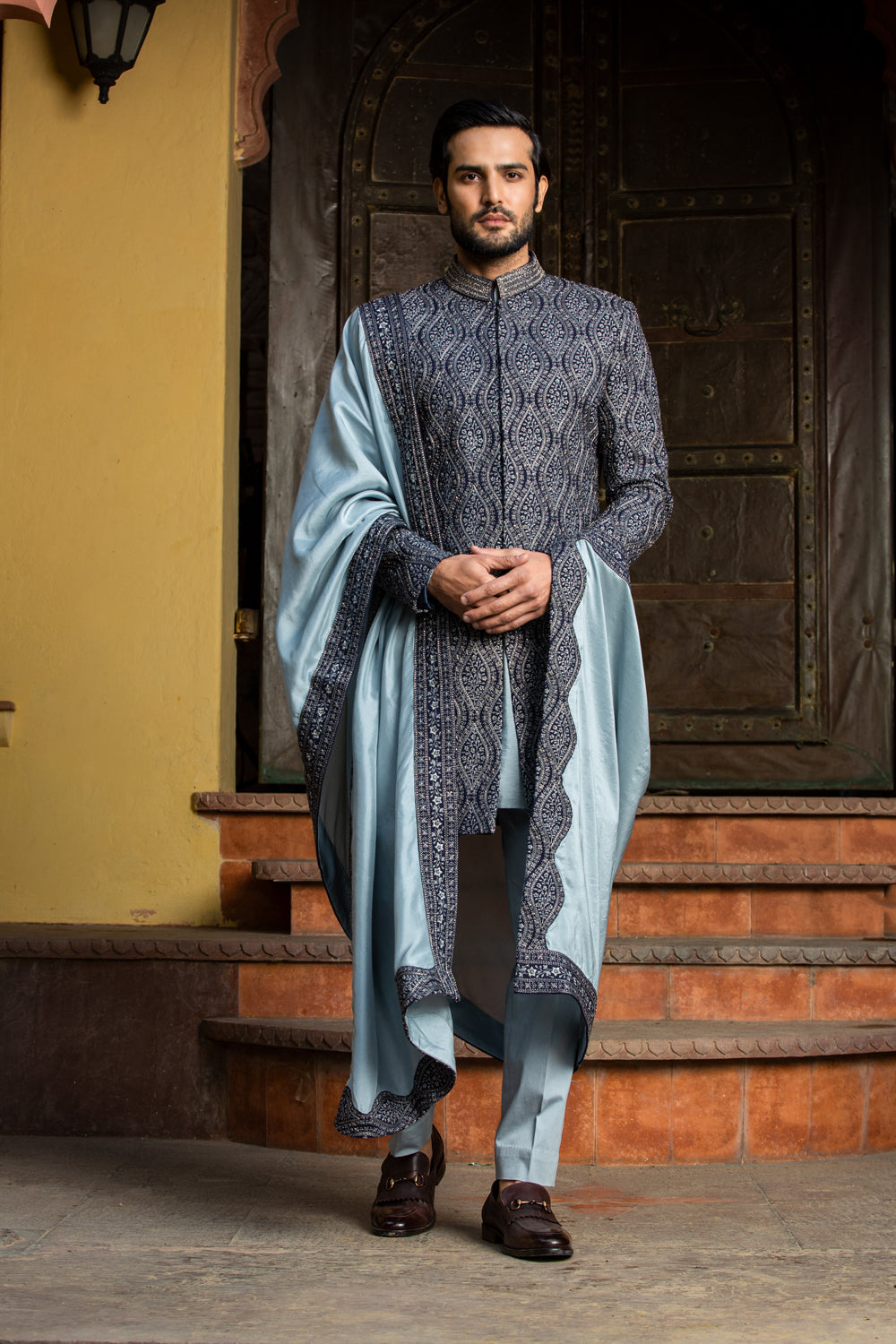 Navy Blue Matka Tussar Achkan with Resham Cutdana and Bead Work – Karegar