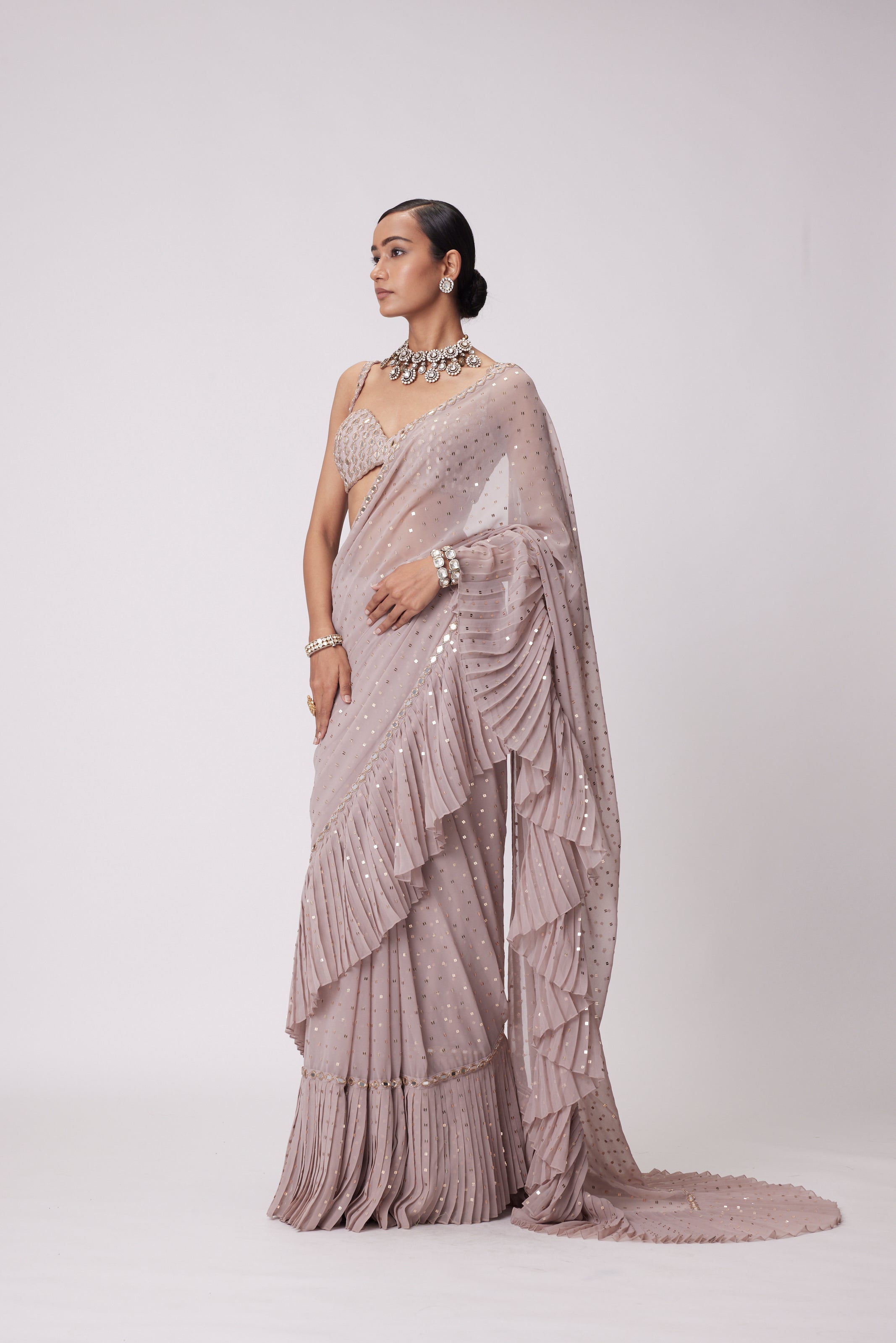 ASH PINK FRILL SAREE SET – Karegar