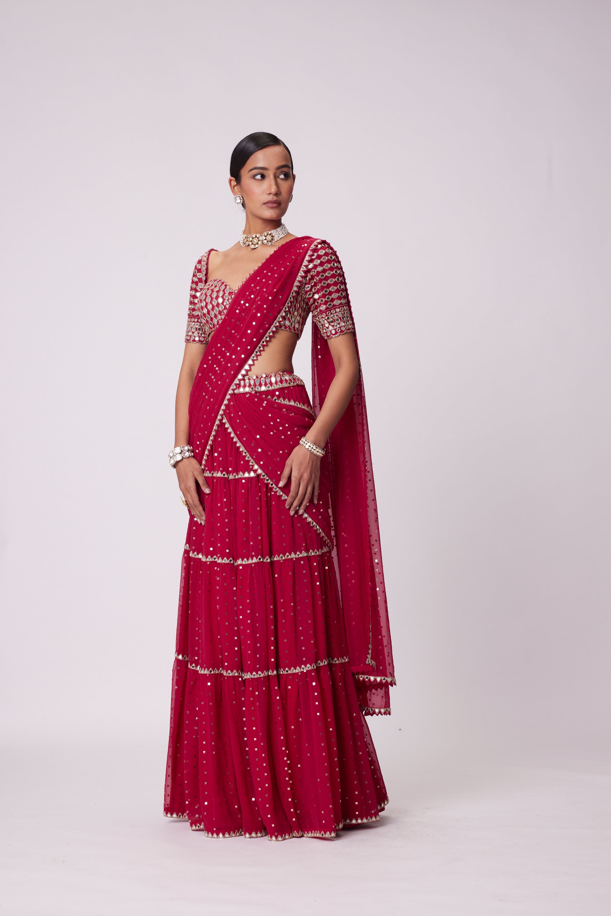 Hand Cut Mirror Embroidered Crimson Red Saree Set – Karegar