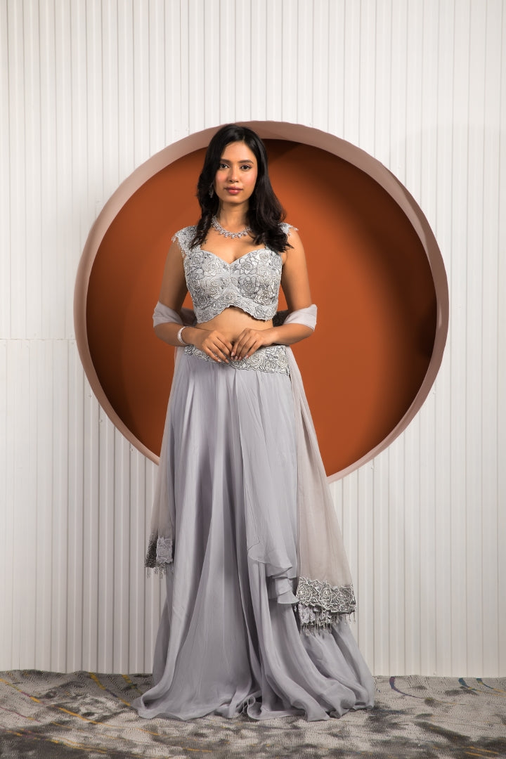 Powder Blue Georgette and Crepe ROSE SET for Festive Elegance – Karegar