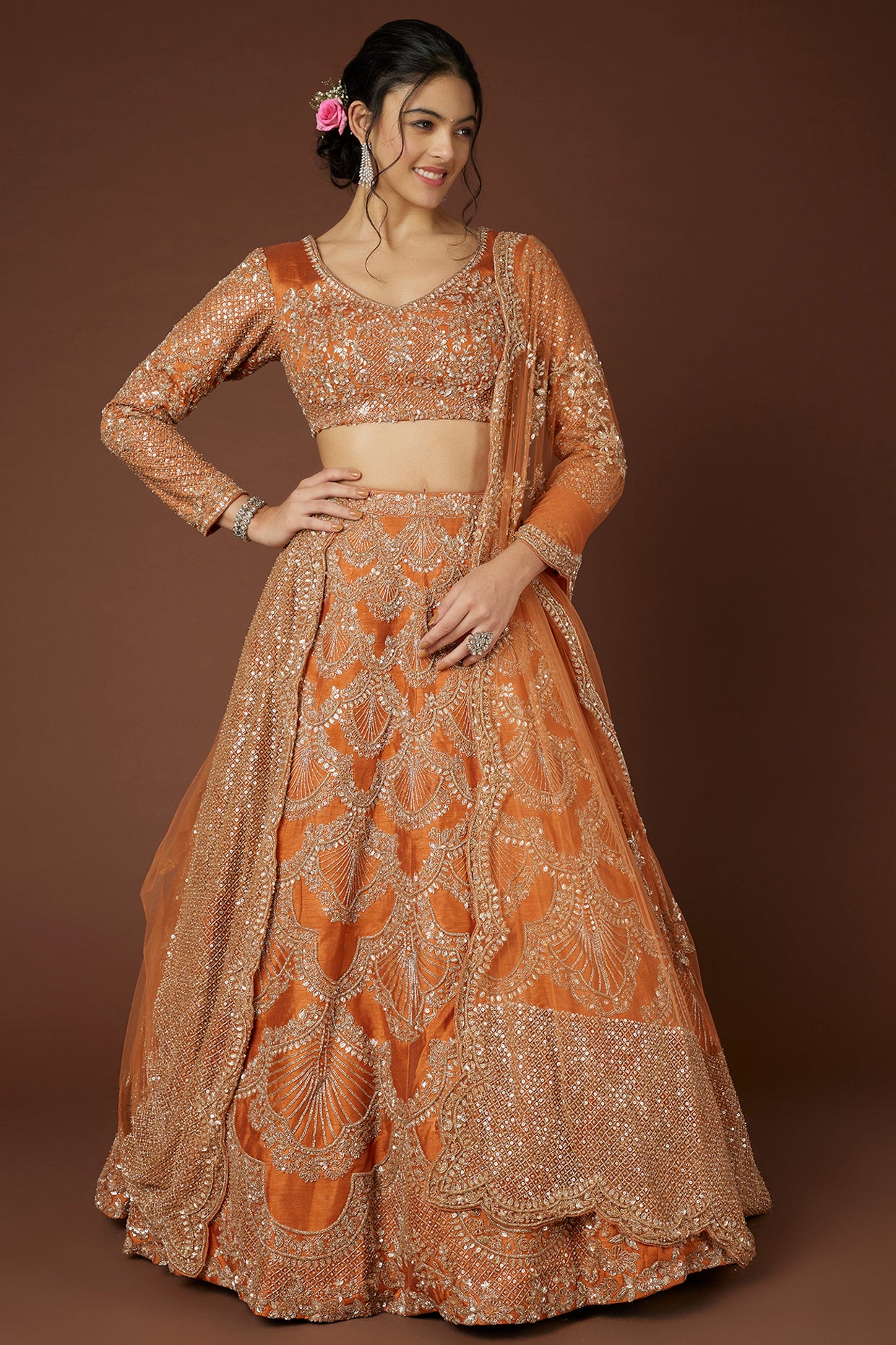 Hand-Embroidered Rust Raw Silk Lehenga for a Stylish Look – Karegar