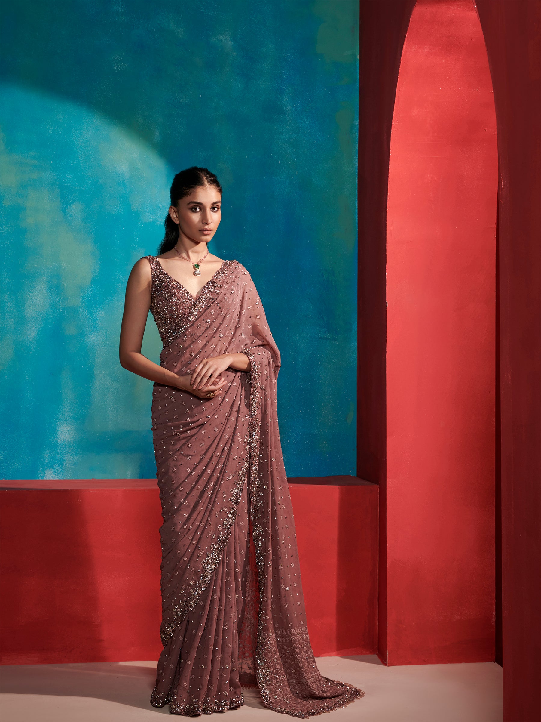 Elegant Dusty Pink Chikankari Sari with Embroidered Blouse – Karegar
