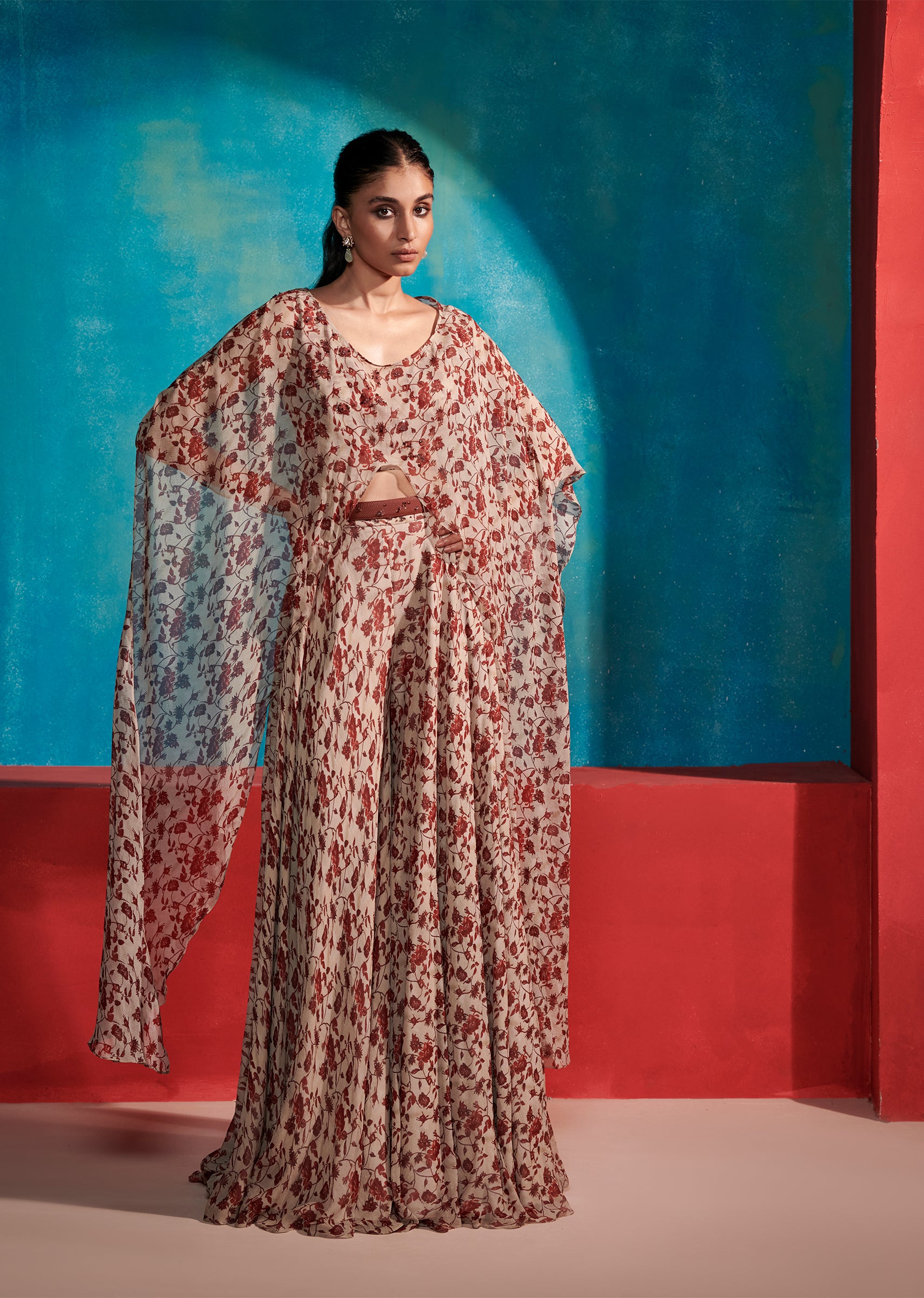 Aaleyah Printed Co-ordinated Set - Bohemian Skirt, Blouse, Cape ...