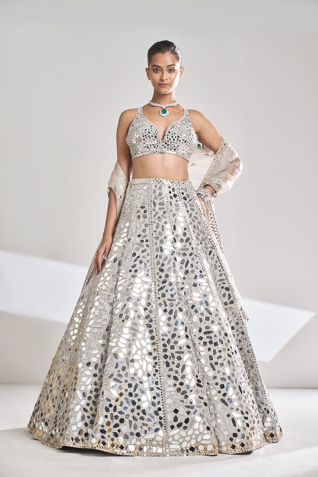 Elegant Silver Mirror Lehenga Set - Embroidered with Silver Thread ...