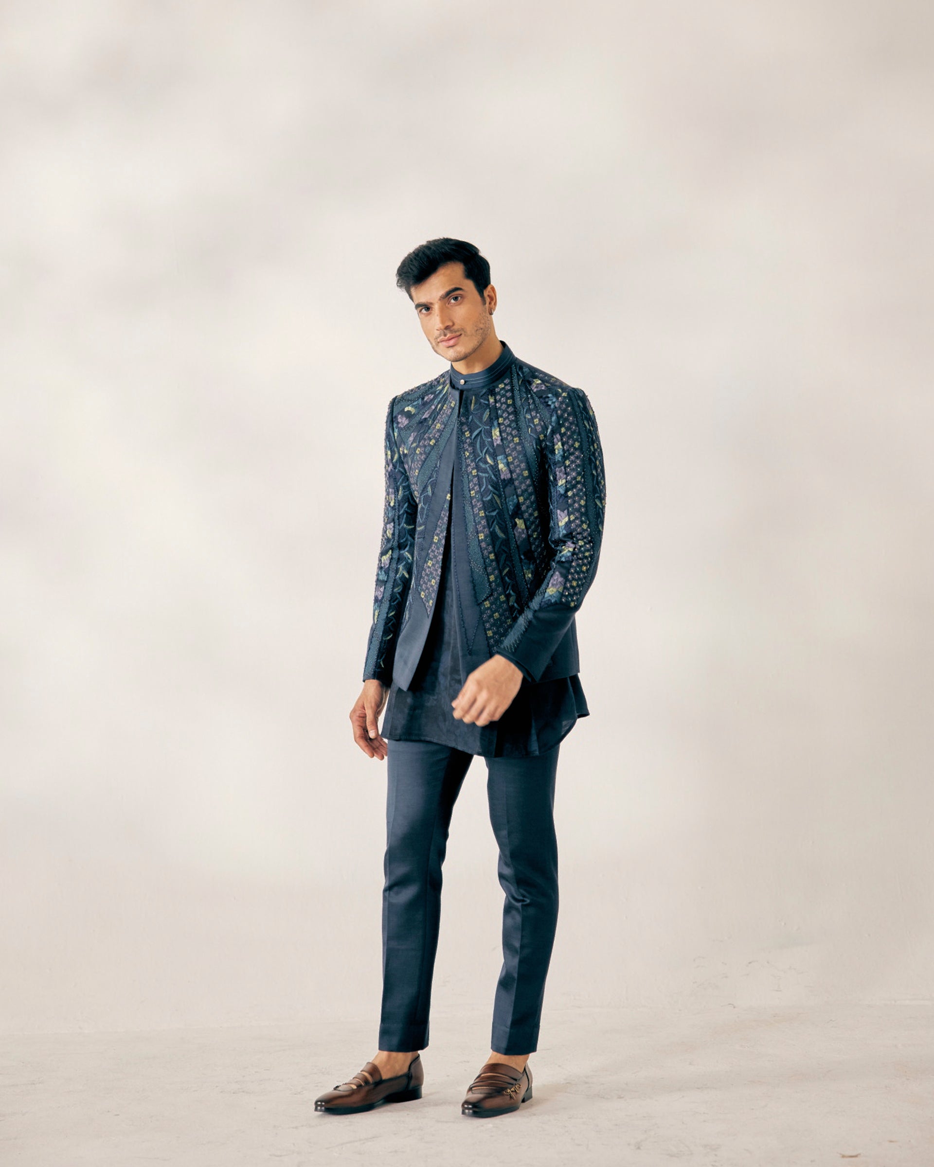 Hand Embroidered Teal Blue Cubism Short Jacket Set – Karegar