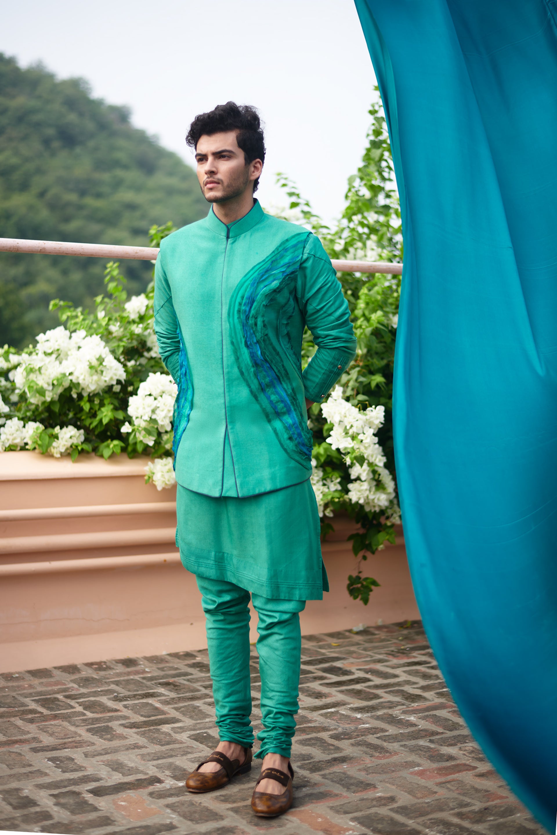 Hand Painted Jade Green Nehru Jacket and Asymmetrical Kurta Set – Karegar