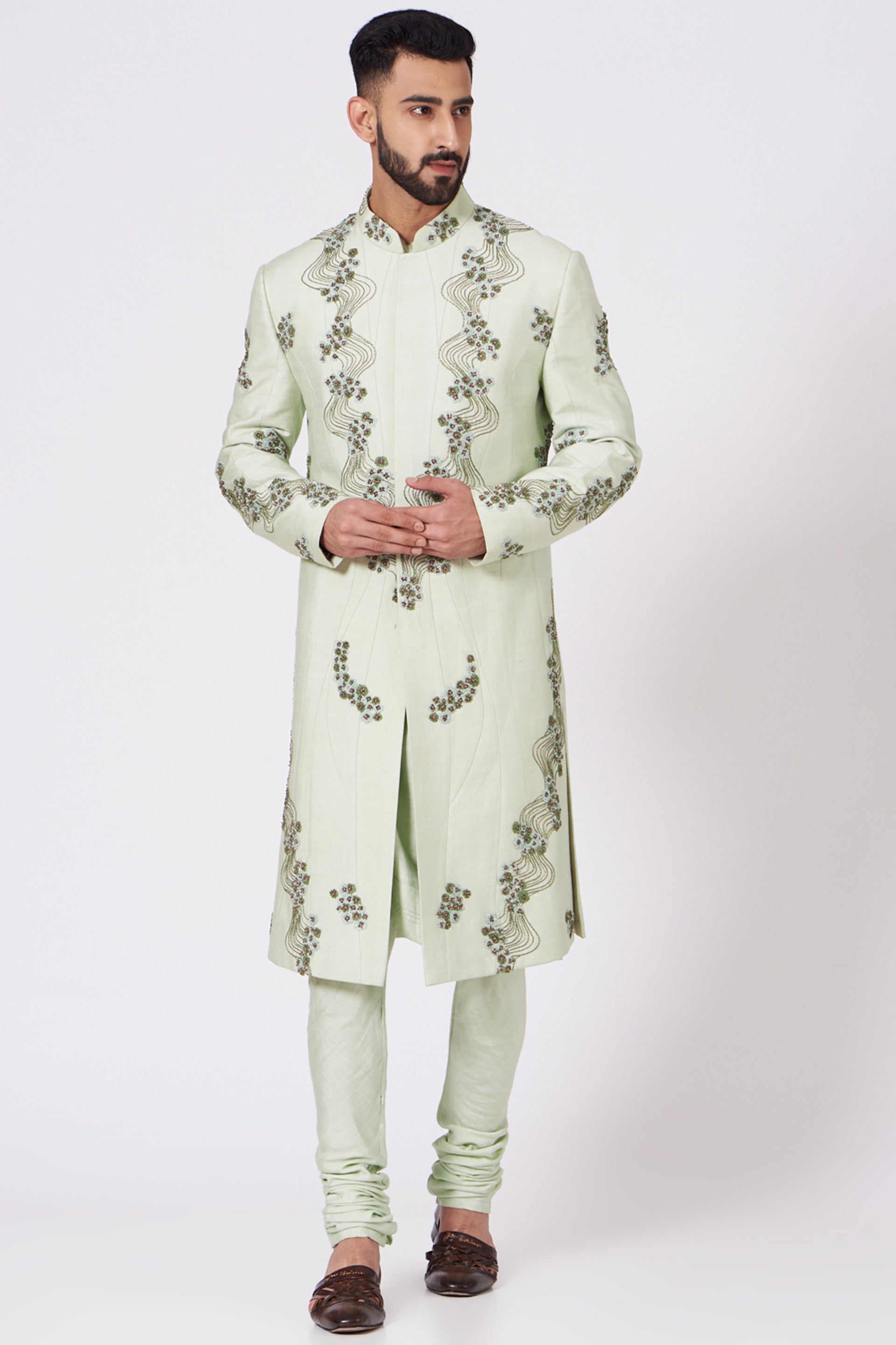 Princess Line Duckegg Green Sherwani with Embroidery | Tone on Tone ...
