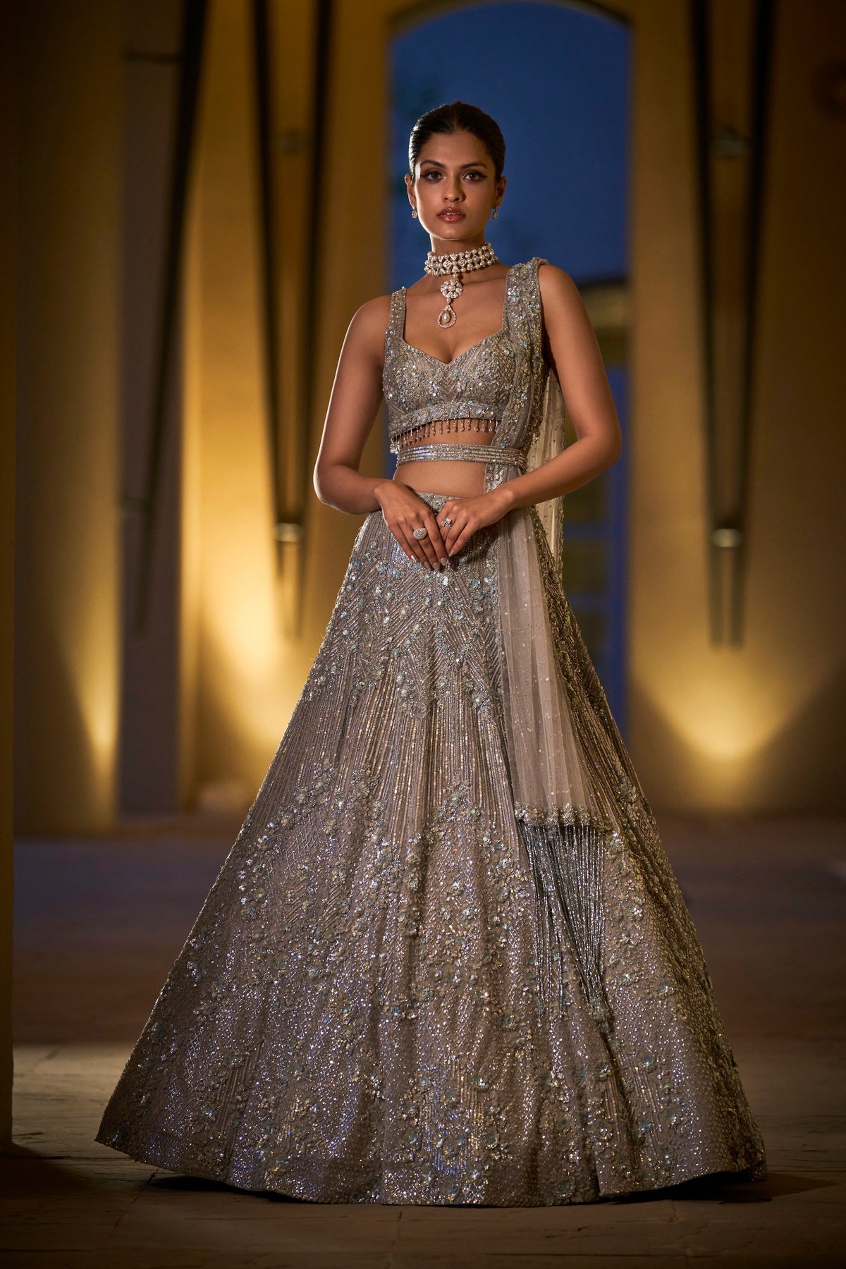 Stunning Silver Lehenga Set with Sequin and Crystal Embroidery – Karegar