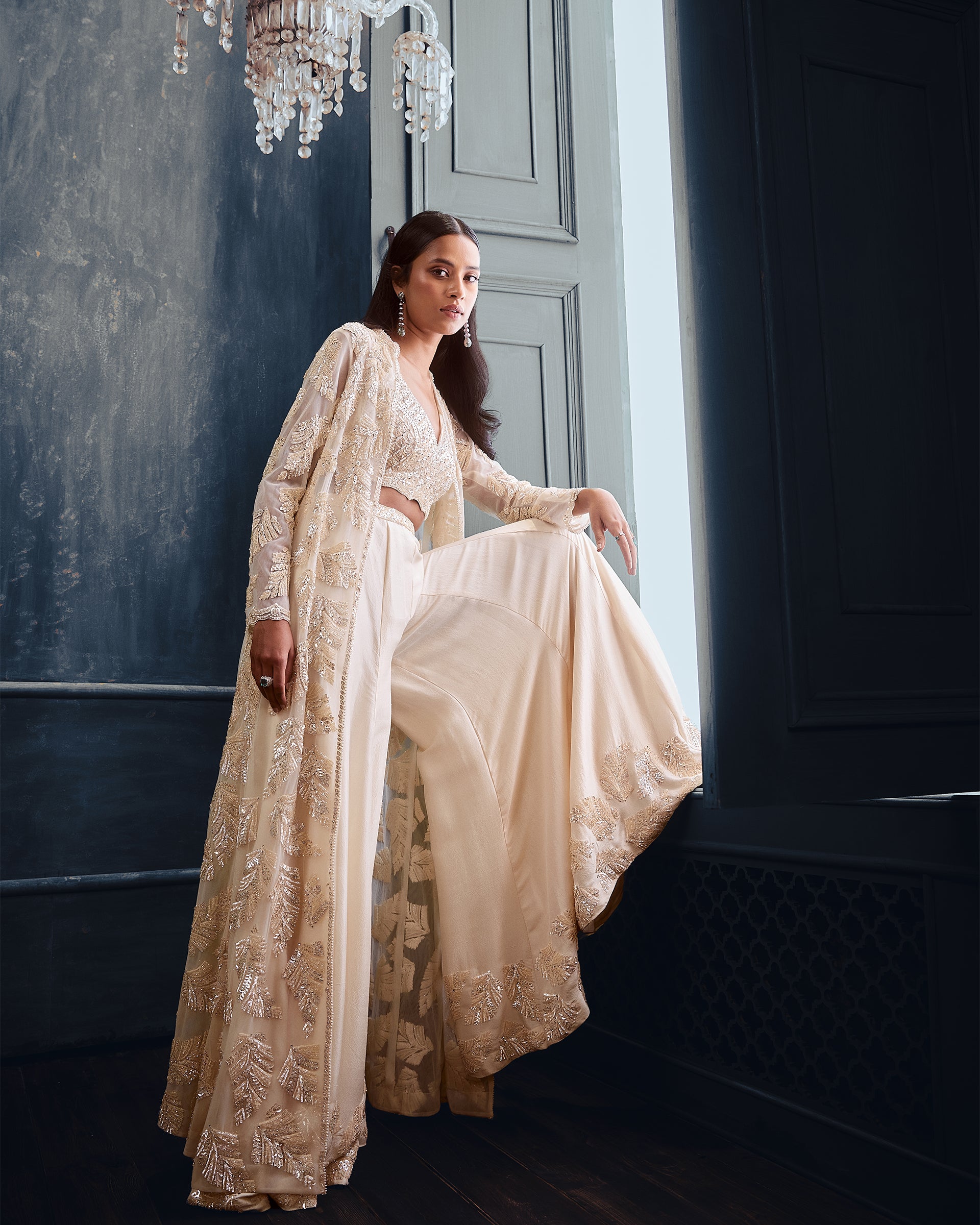 Platinum Cut Sequin Ivory Jacket Set – Karegar