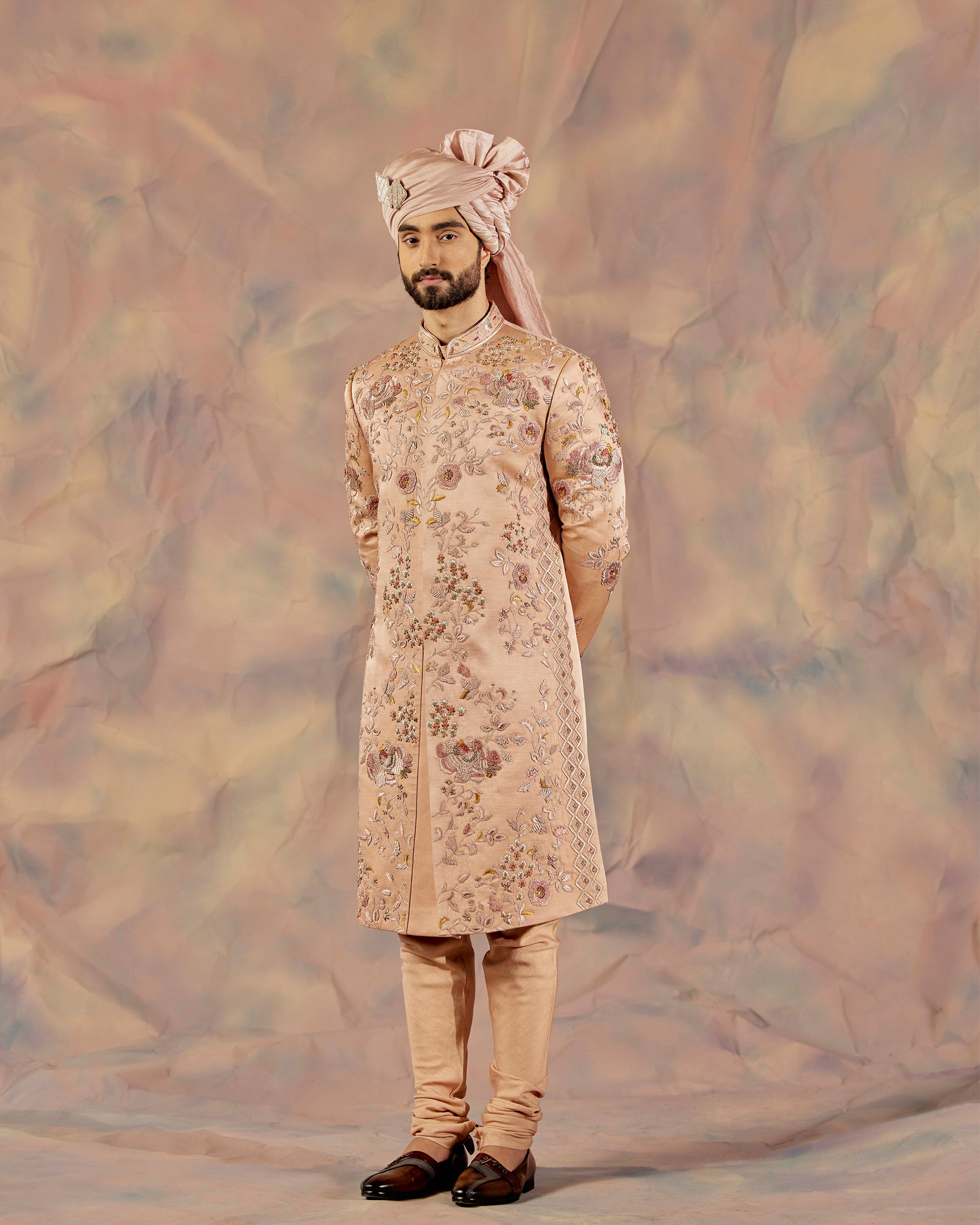 Champagne Hand Embroidered Santé Sherwani with Phulkari Border – Karegar